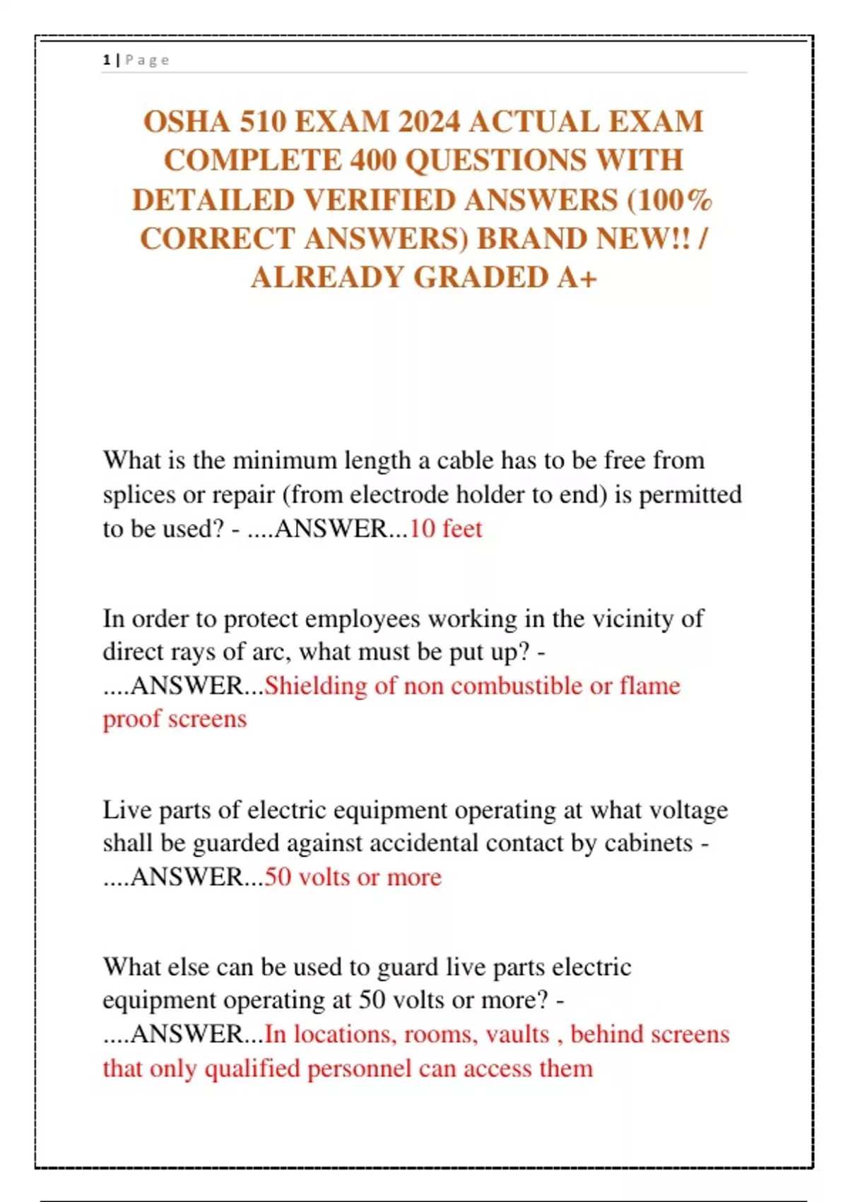 OSHA 510 EXAM 2024 ACTUAL EXAM COMPLETE 400 QUESTIONS WITH DETAILED ...