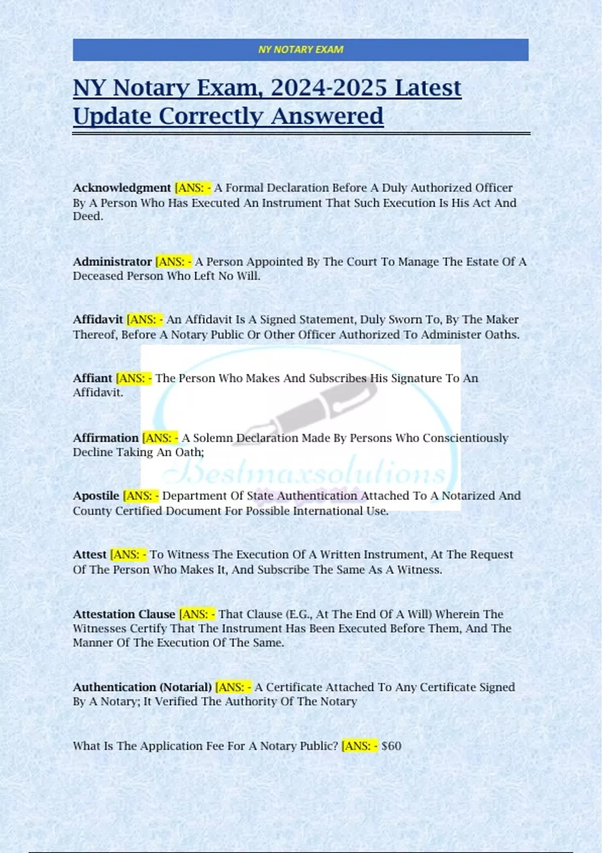 NY Notary Exam, Latest Update Correctly Answered - NY Notary - Stuvia US