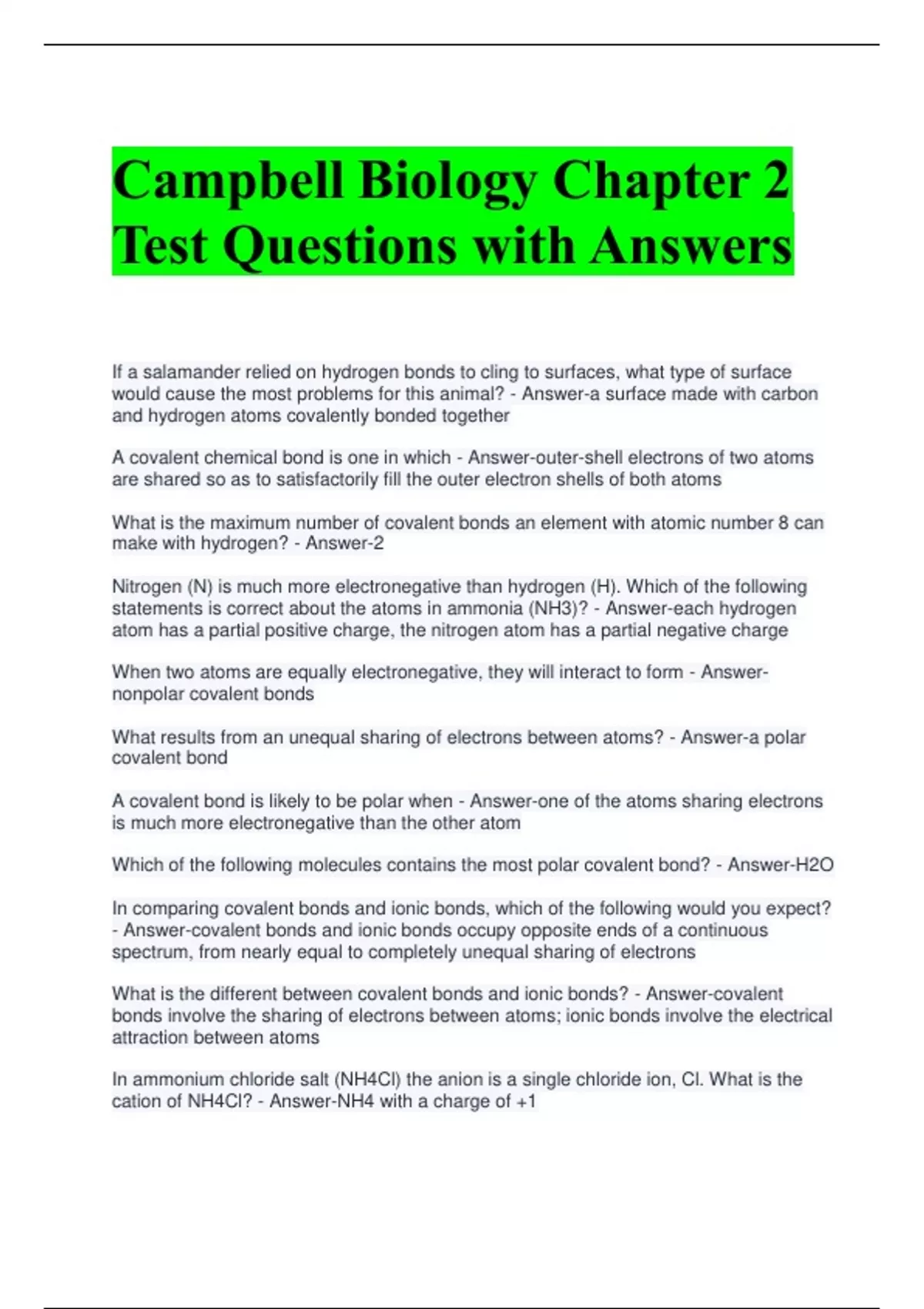 Campbell Biology Chapter 2 Test Questions with Answers - Campbell ...