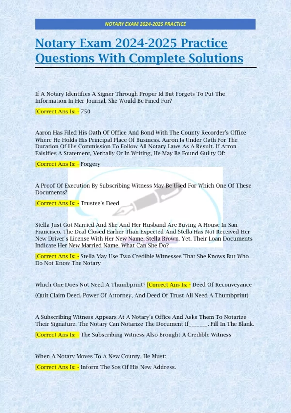 Notary Exam Practice Questions With Complete Solutions - Notary - Stuvia US