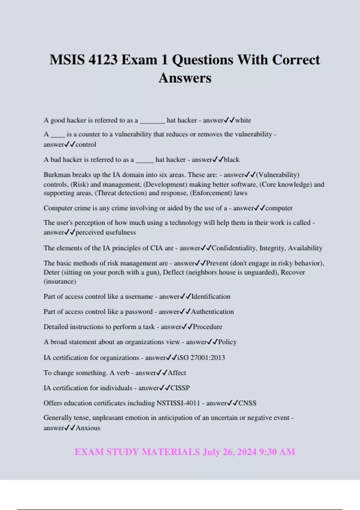MSIS 4123 Exam 1 Questions With Correct Answers - MSIS 4123 - Stuvia US
