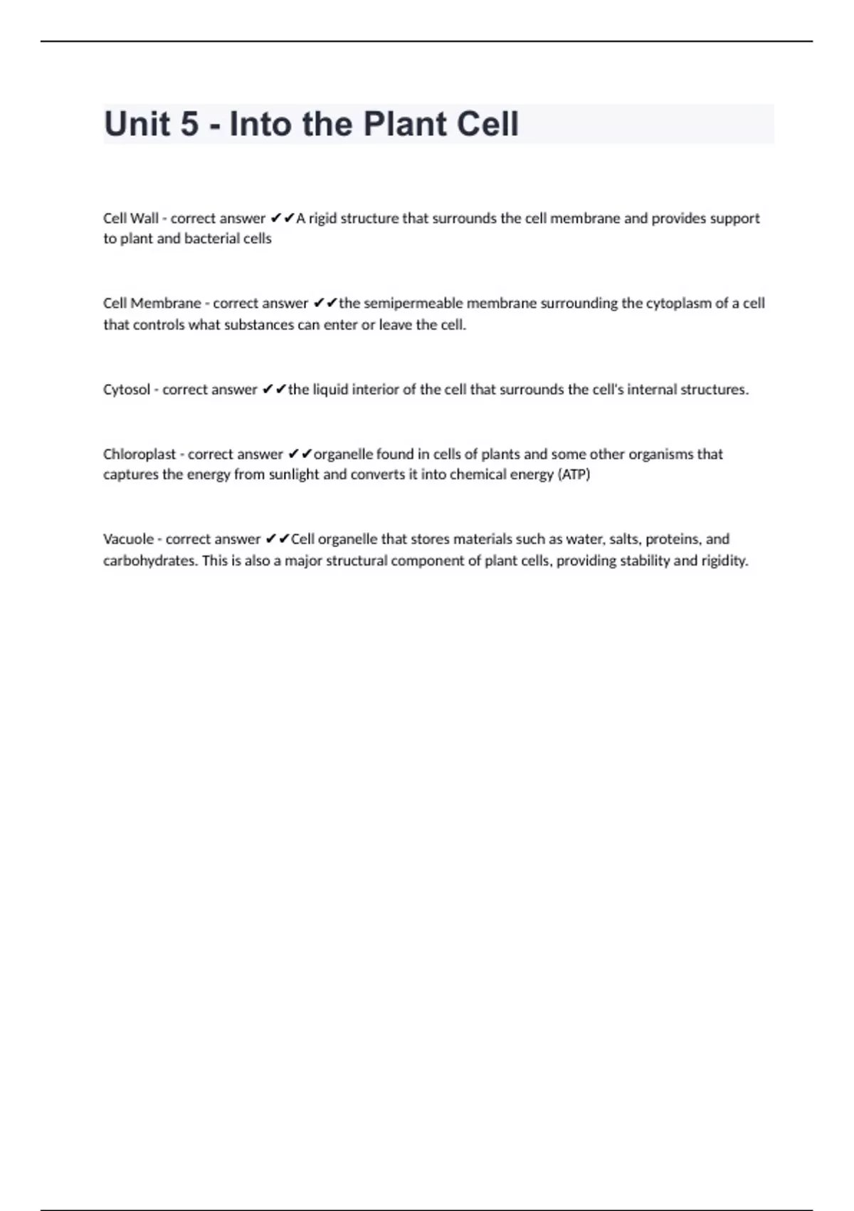 Unit 5 - Into the Plant Cell with correct answers graded A+ - Biobeyond ...