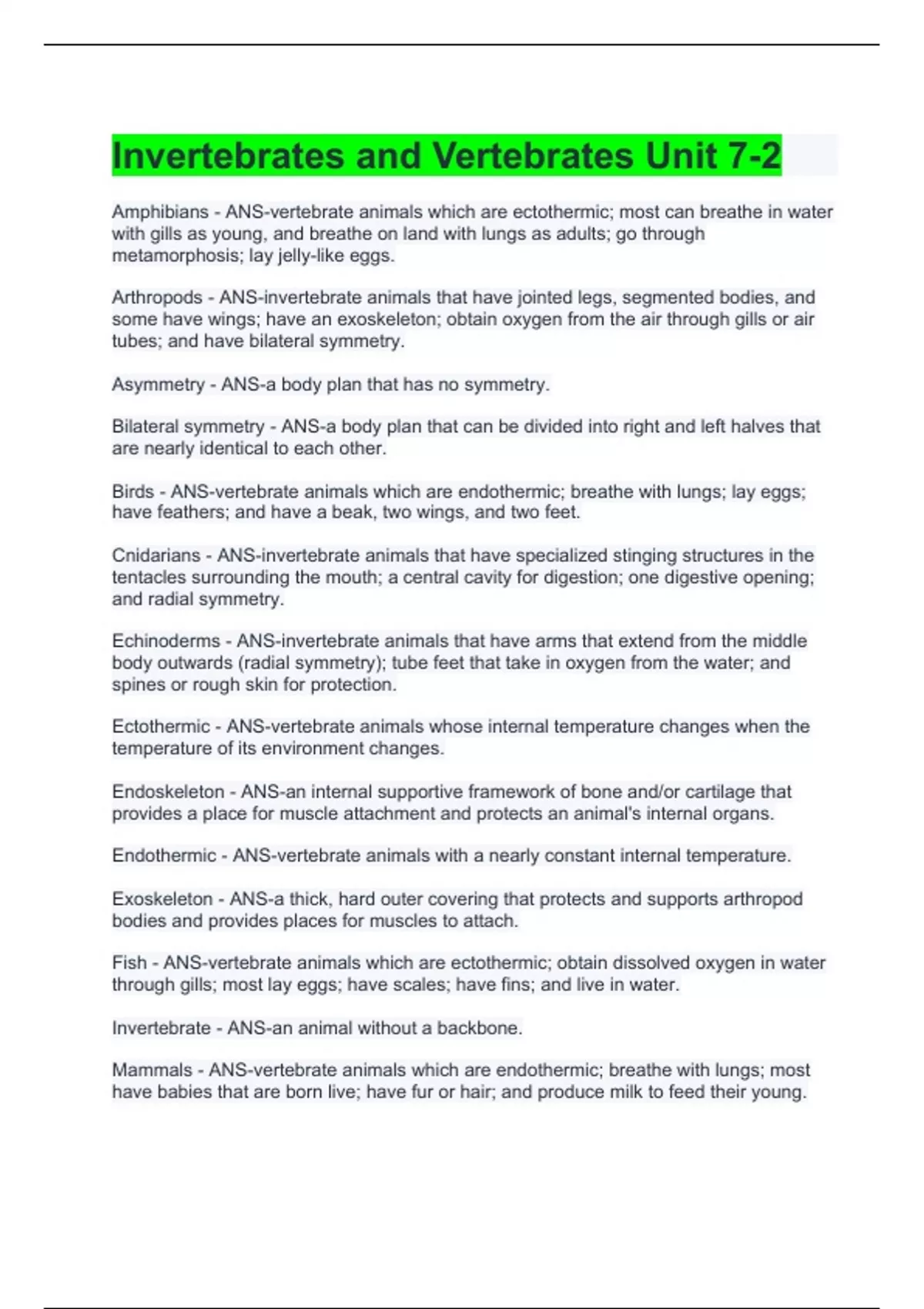 Invertebrates and Vertebrates Unit 7-2 - Invertebrates and Vertebrates ...