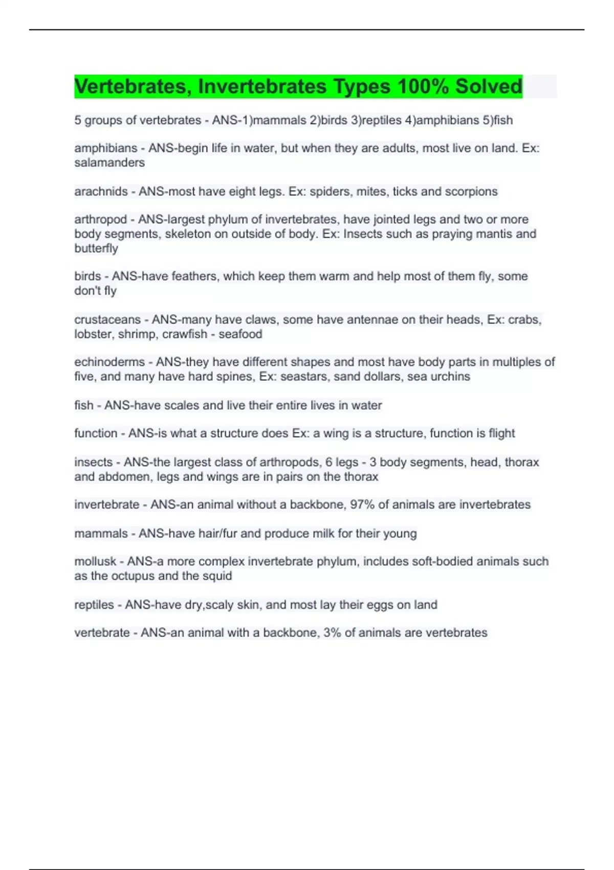 Vertebrates, Invertebrates Types 100% Solved - Invertebrates and ...