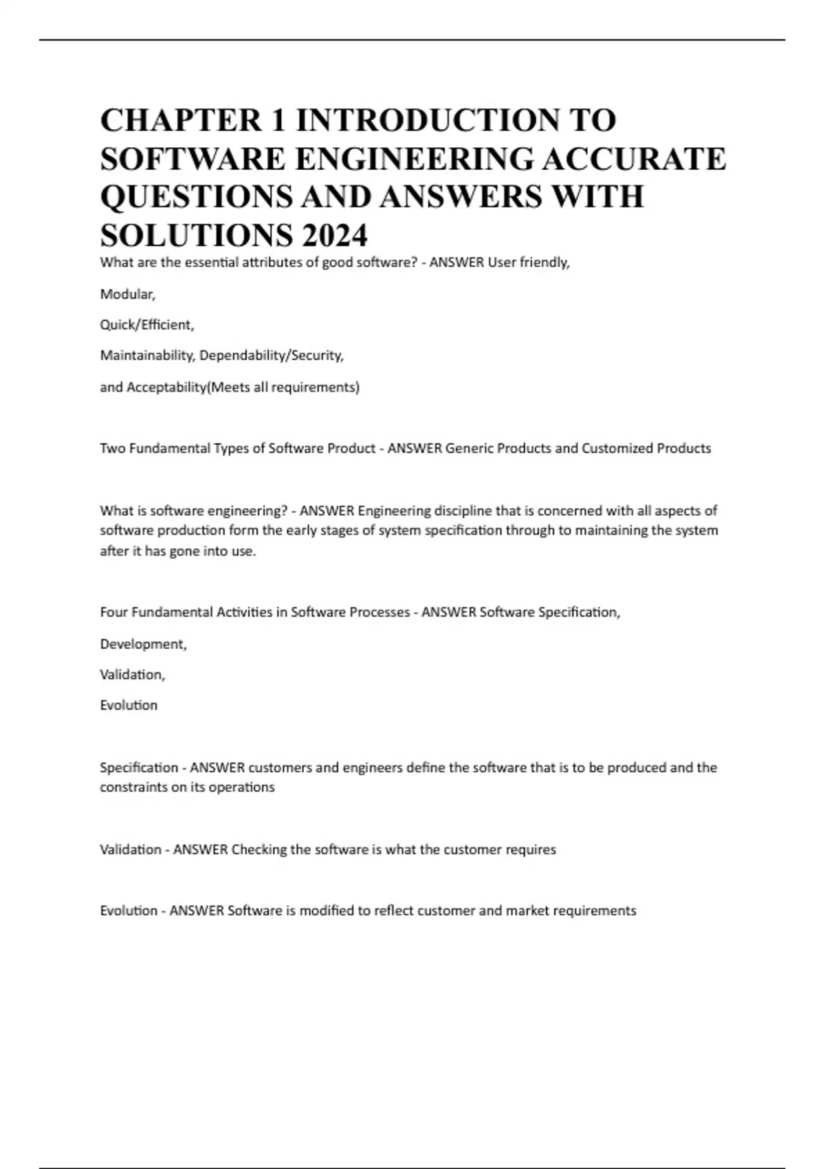 CHAPTER 1 INTRODUCTION TO SOFTWARE ENGINEERING ACCURATE QUESTIONS AND ...