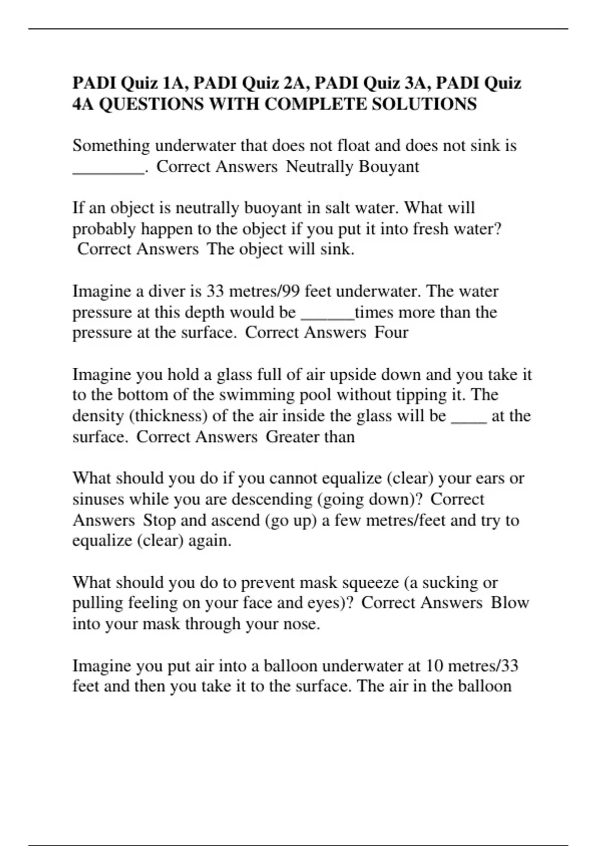 PADI Quiz 1A, PADI Quiz 2A, PADI Quiz 3A, PADI Quiz 4A QUESTIONS WITH COMPLETE SOLUTIONS - Padi ...