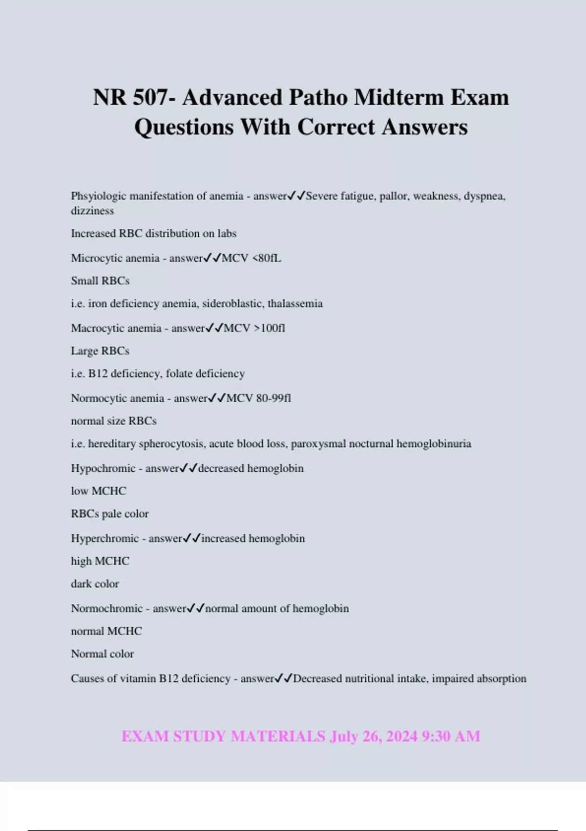 NR 507- Advanced Patho Midterm Exam Questions With Correct Answers - NR ...