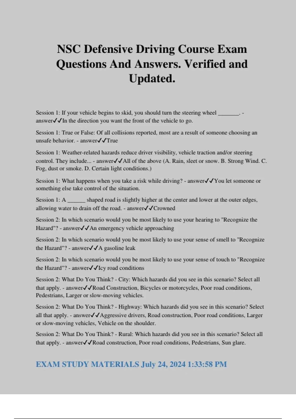 NSC Defensive Driving Course Exam Questions And Answers. Verified and Updated. - NSC Defensive ...