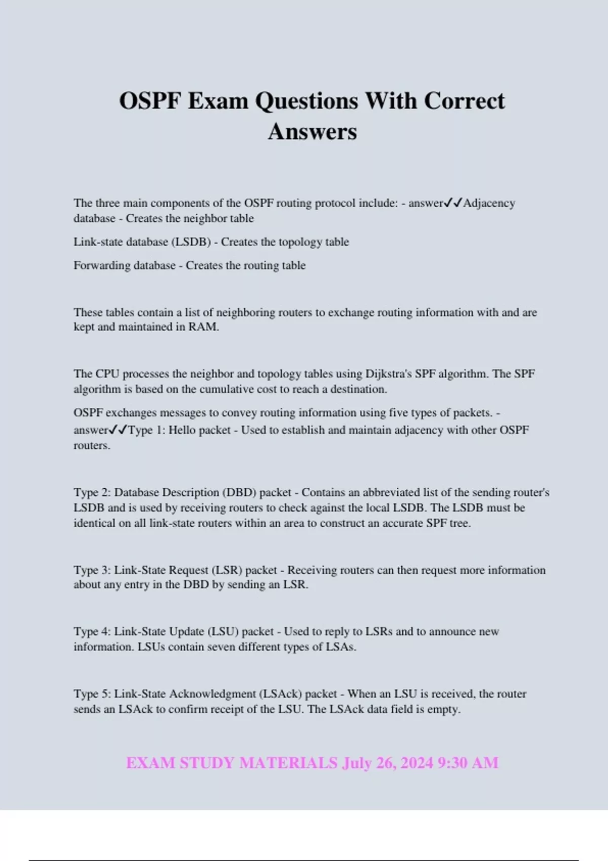 Ospf Exam Questions With Correct Answers Ospf Stuvia Us