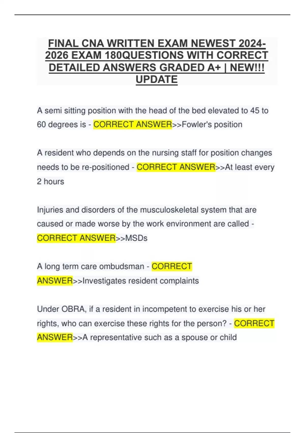 FINAL CNA WRITTEN EXAM NEWEST EXAM 180QUESTIONS WITH CORRECT DETAILED ...