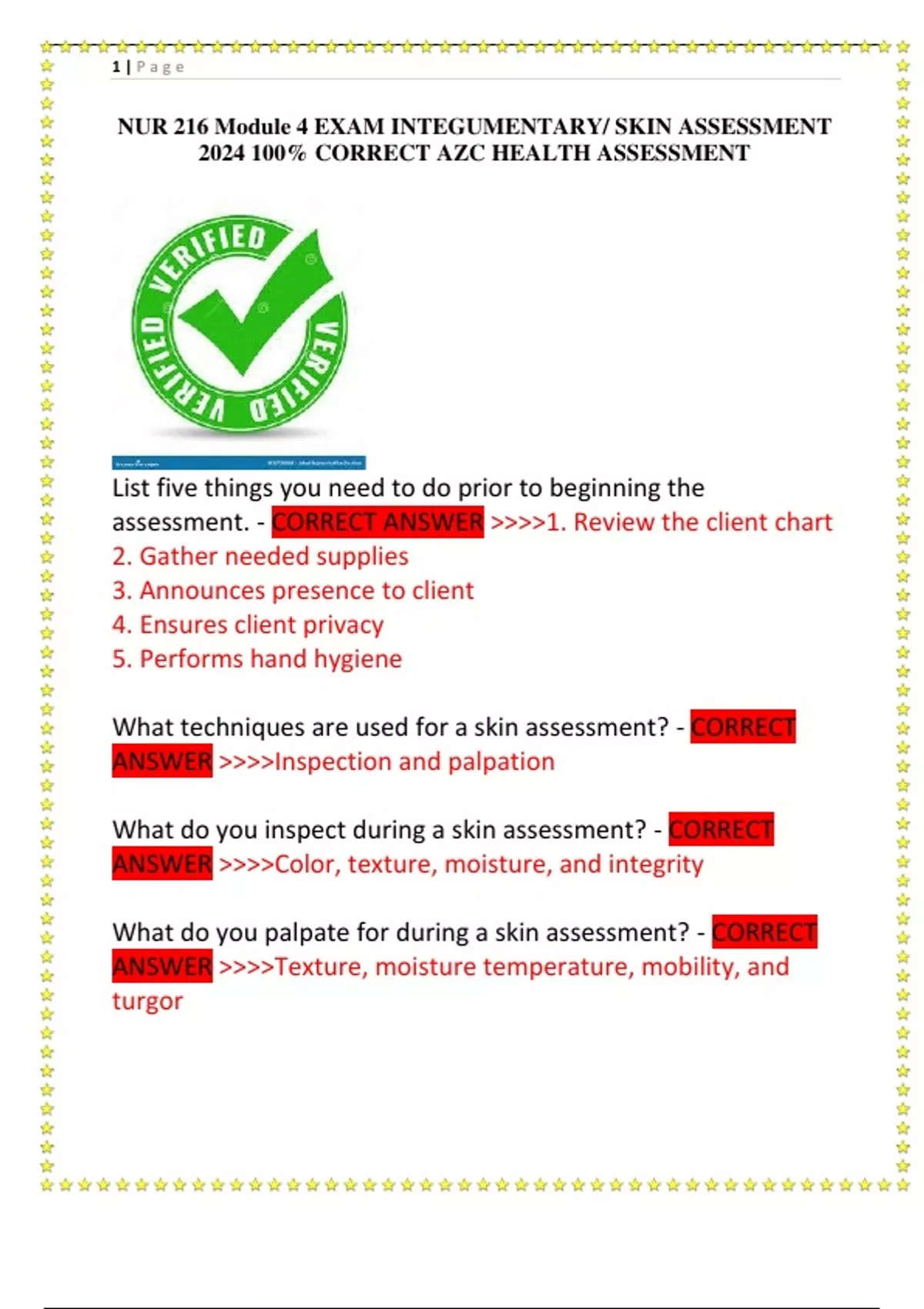 NUR 216 Module 4 EXAM INTEGUMENTARY/ SKIN ASSESSMENT 2024 100% CORRECT ...
