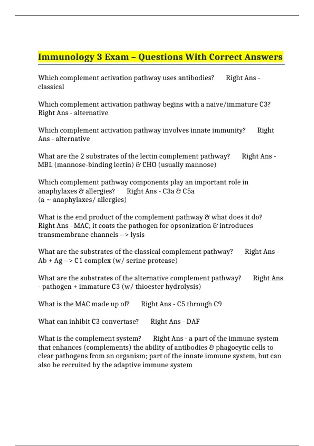 Immunology 3 Exam – Questions With Correct Answers - HMX Immunology ...