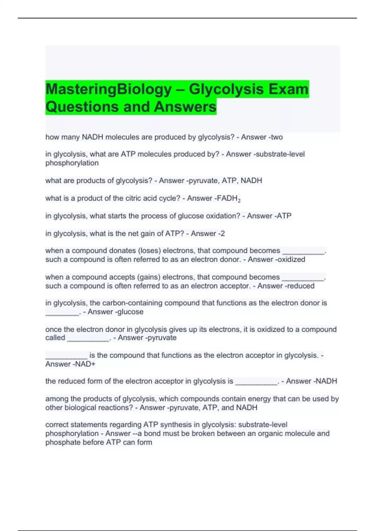 MasteringBiology – Glycolysis Exam Questions and Answers - MASTERING ...
