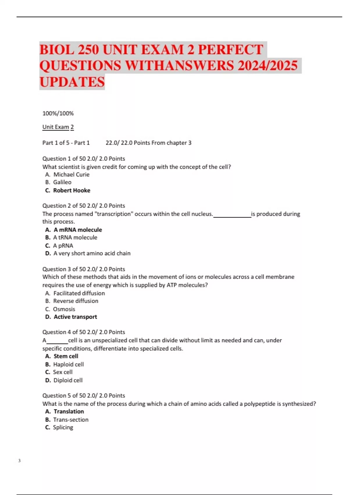 BIOL 250 UNIT EXAM 2 PERFECT QUESTIONS WITH ANSWERS 2024/2025 UPDATES ...