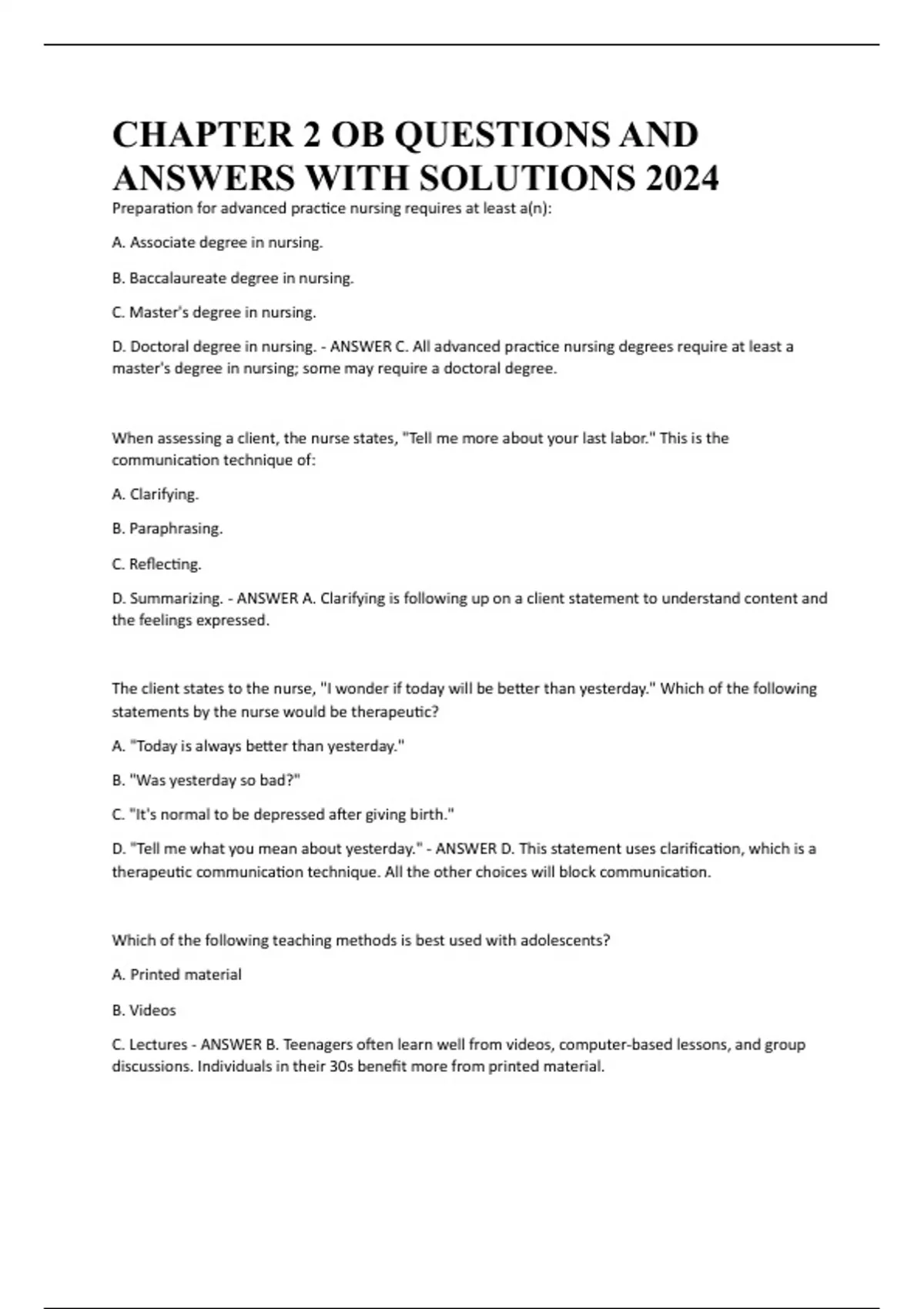 CHAPTER 2 OB QUESTIONS AND ANSWERS WITH SOLUTIONS 2024 - PRIMARY CARE ART & ... ADVANCED ...