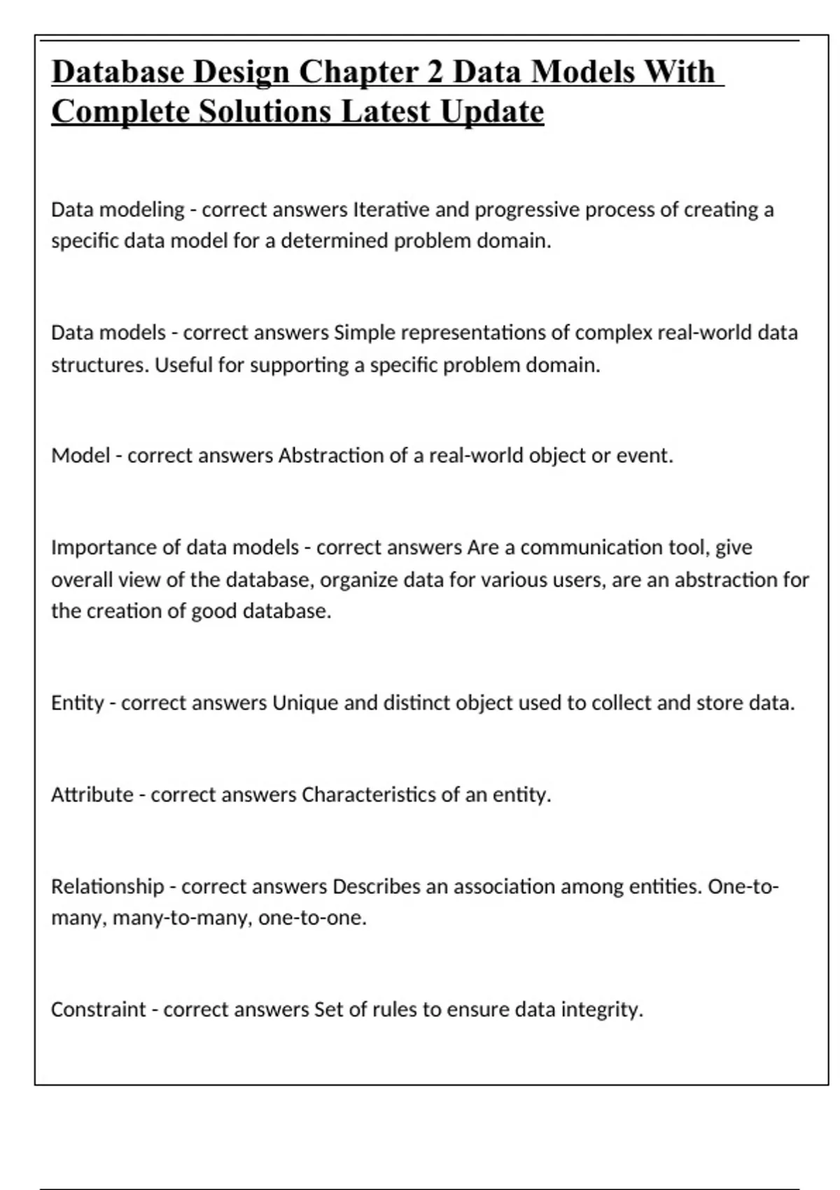 Database Design Chapter 2 Data Models With Complete Solutions Latest ...