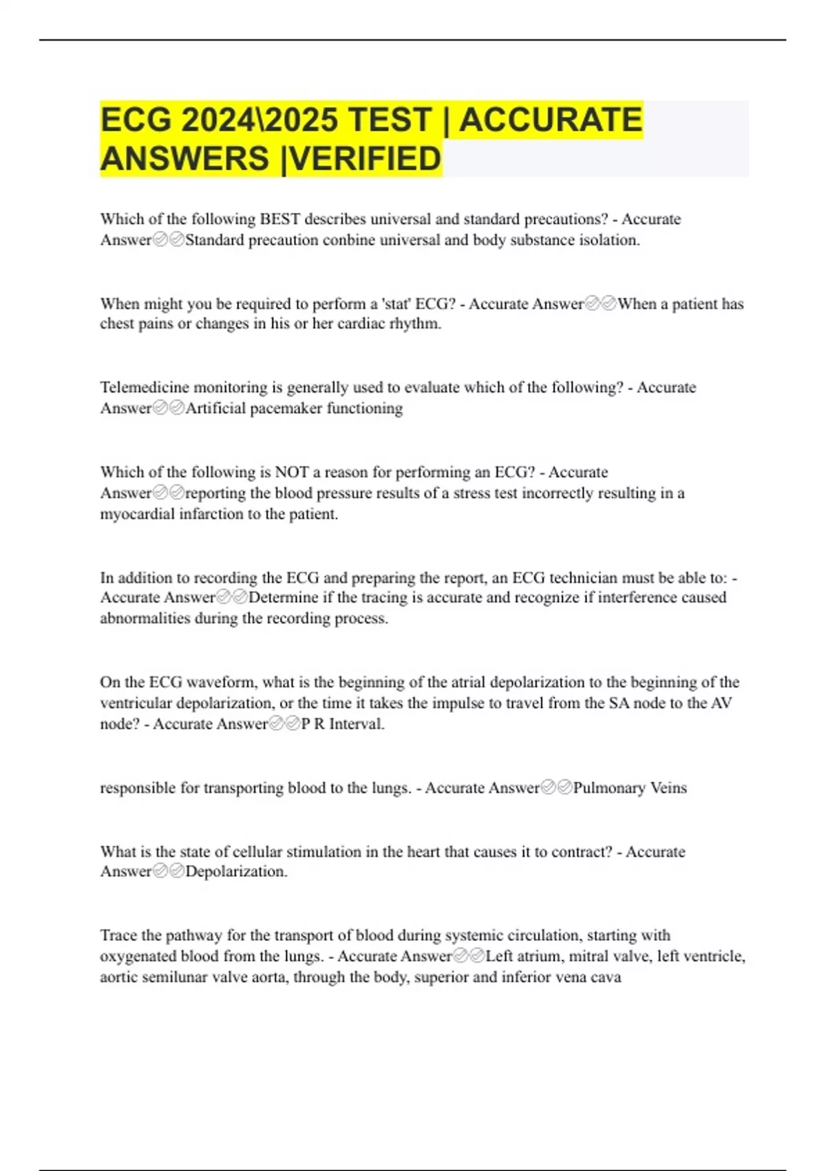 ECG TEST | ACCURATE ANSWERS |VERIFIED - ECG - Stuvia US