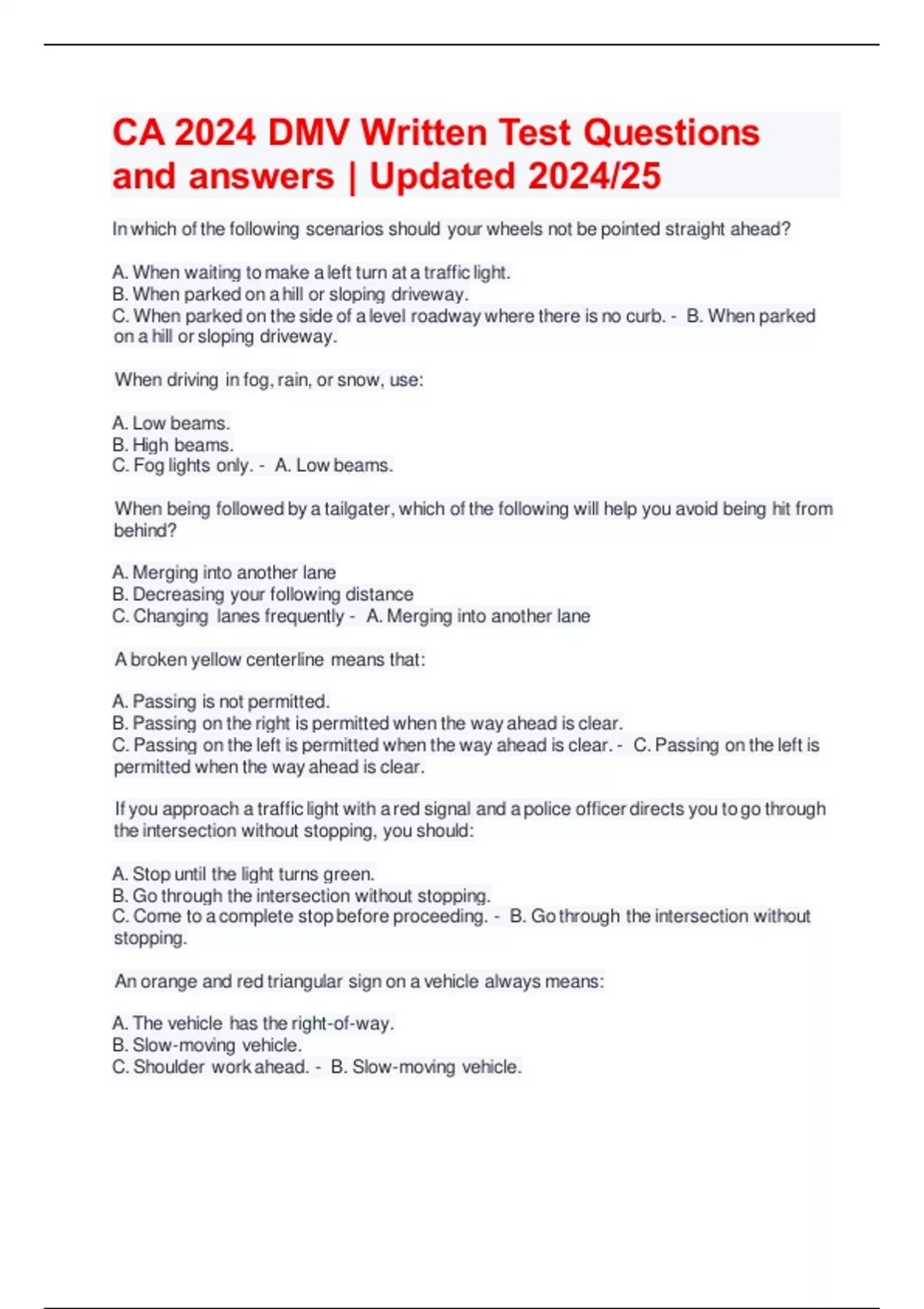 CA 2024 DMV Written Test Questions and answers | Updated 2024/25 - CA ...
