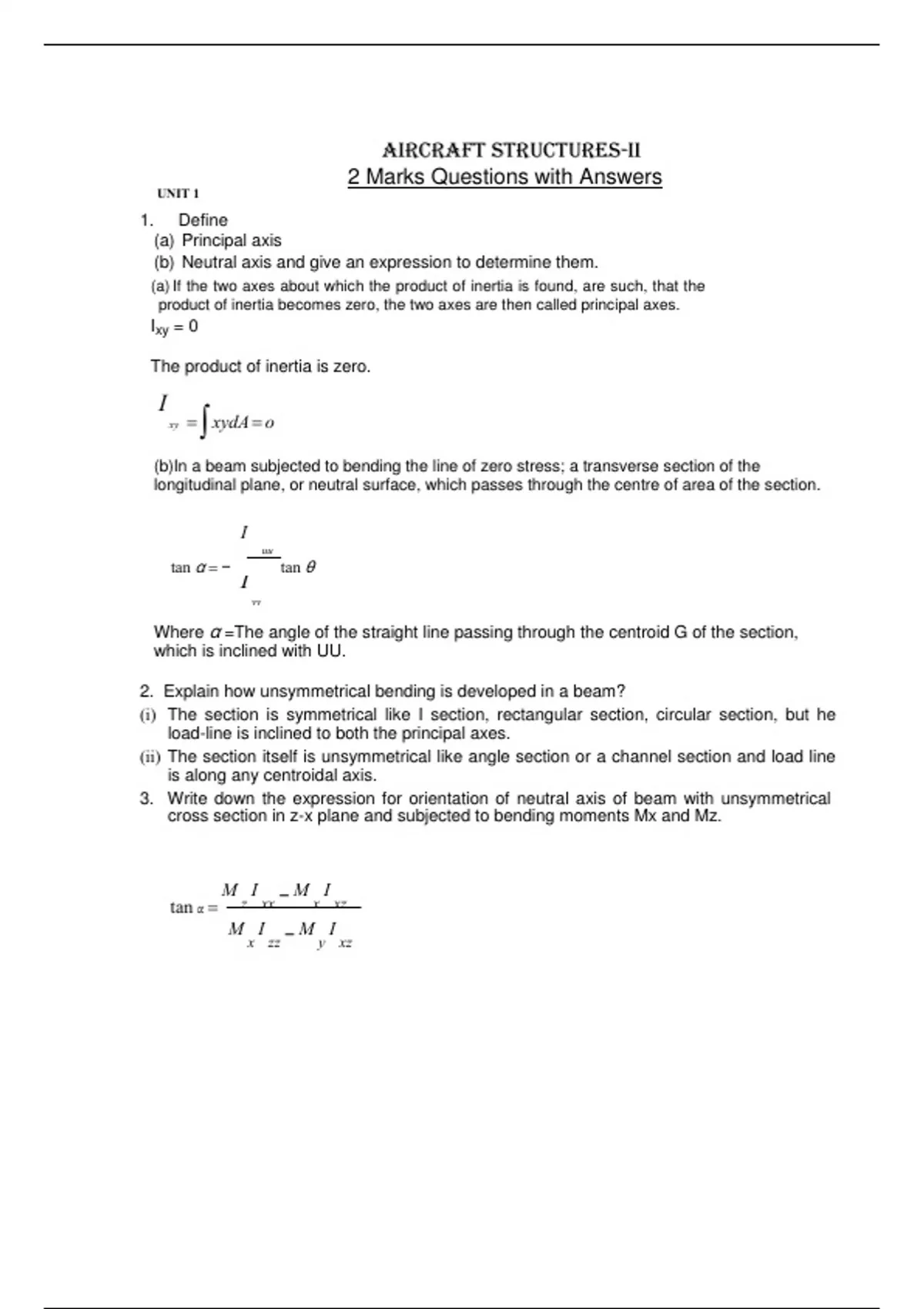 AIRCRAFT STRUCTURES-II 2 Marks Questions with Answers - AIRCRAFT STRUCTURES - Stuvia US