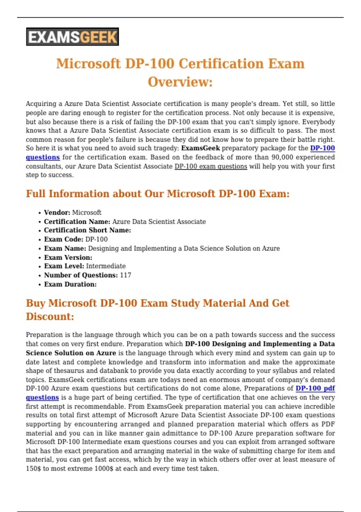 Microsoft DP-100 Certification Exam Overview: - Microsoft DP-100 ...