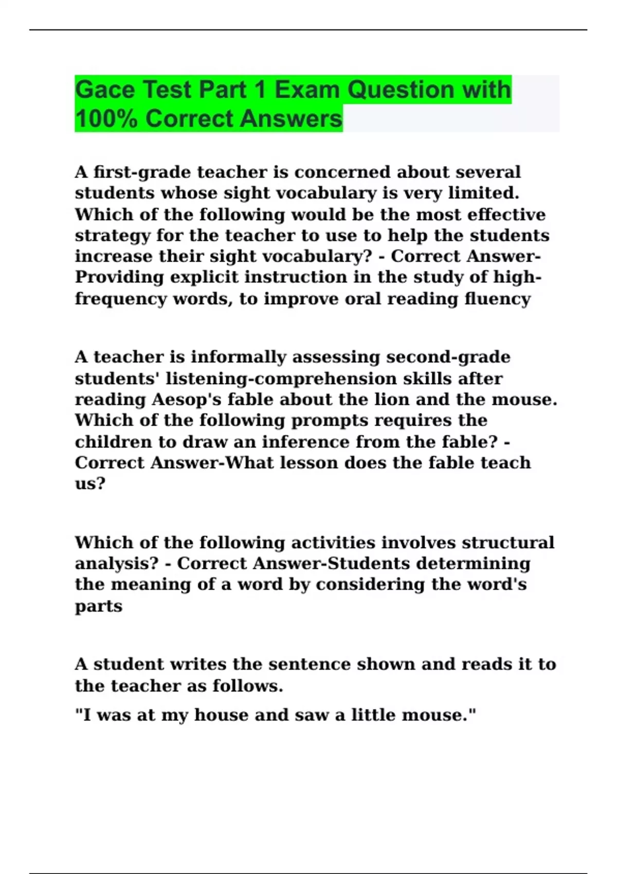 Gace Test Part 1 Exam Question with 100% Correct Answers 2024 - Gace ...