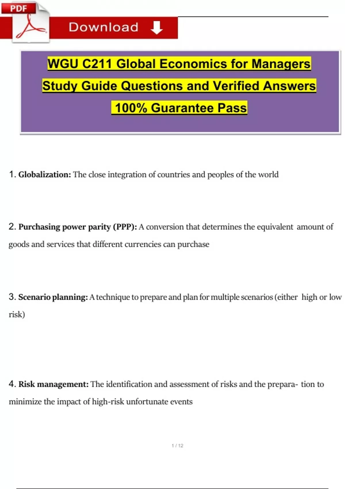 WGU C211 Global Economics for Managers Exam Terminology & Definitions ...