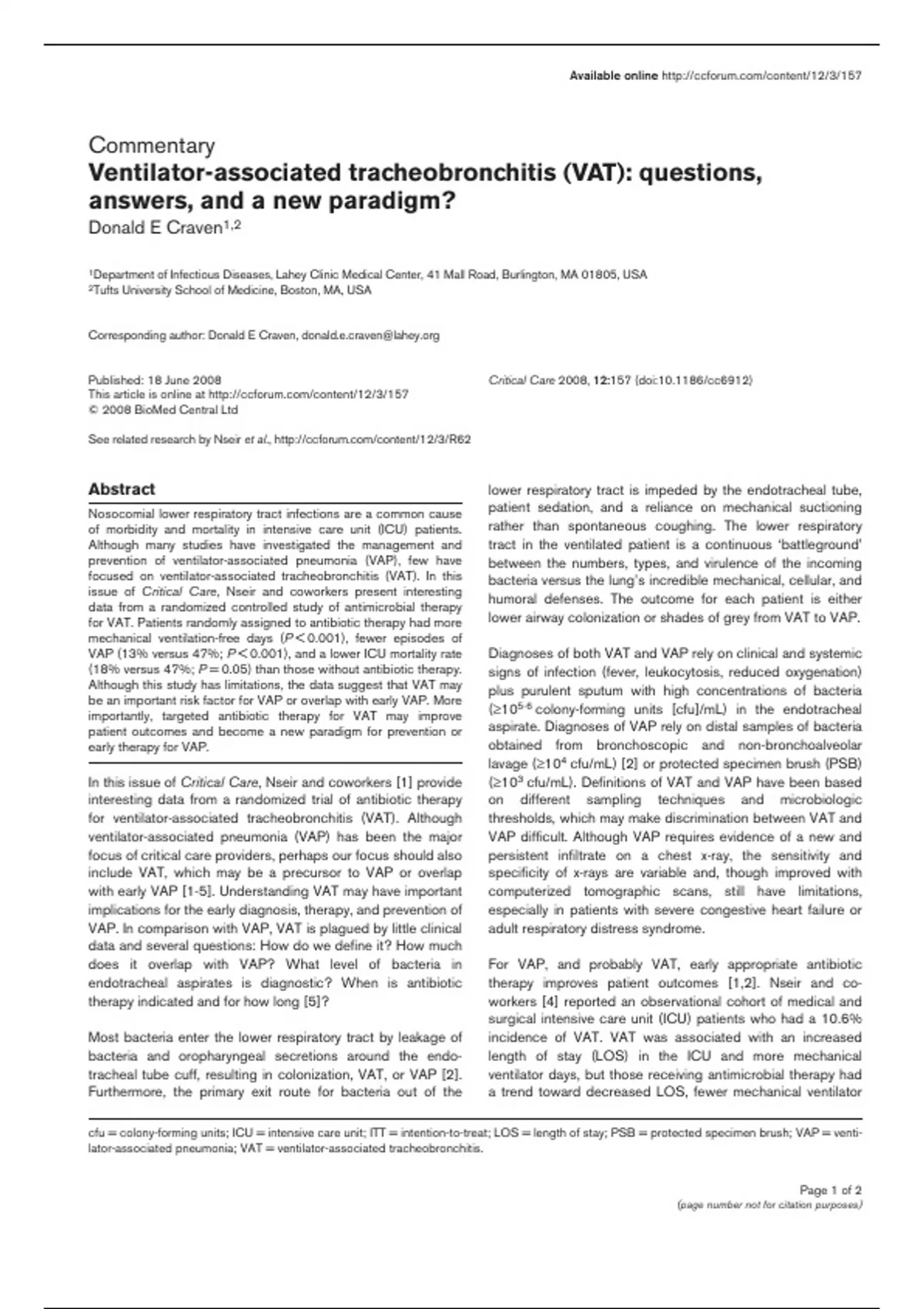 Ventilator-associated tracheobronchitis (VAT): questions, answers, and ...