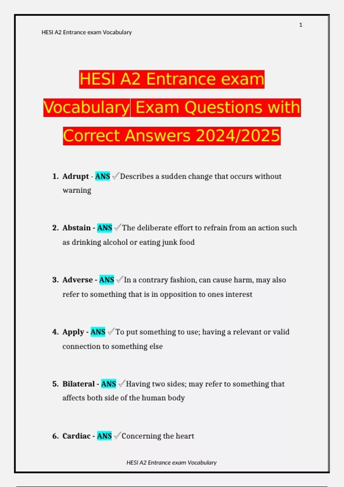 HESI A2 Entrance exam Vocabulary Exam Questions with Correct Answers 2024/2025 - Hesi A2 - Stuvia US