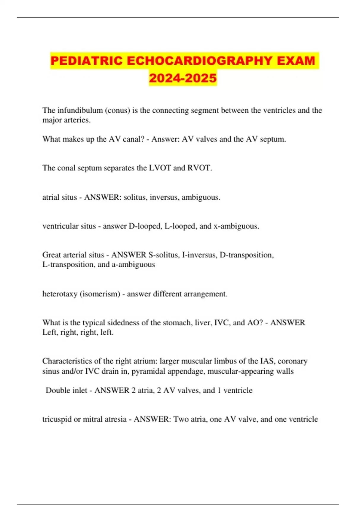 PEDIATRIC ECHOCARDIOGRAPHY EXAM - PEDIATRIC ECHOCARDIOGRAPHY - Stuvia US