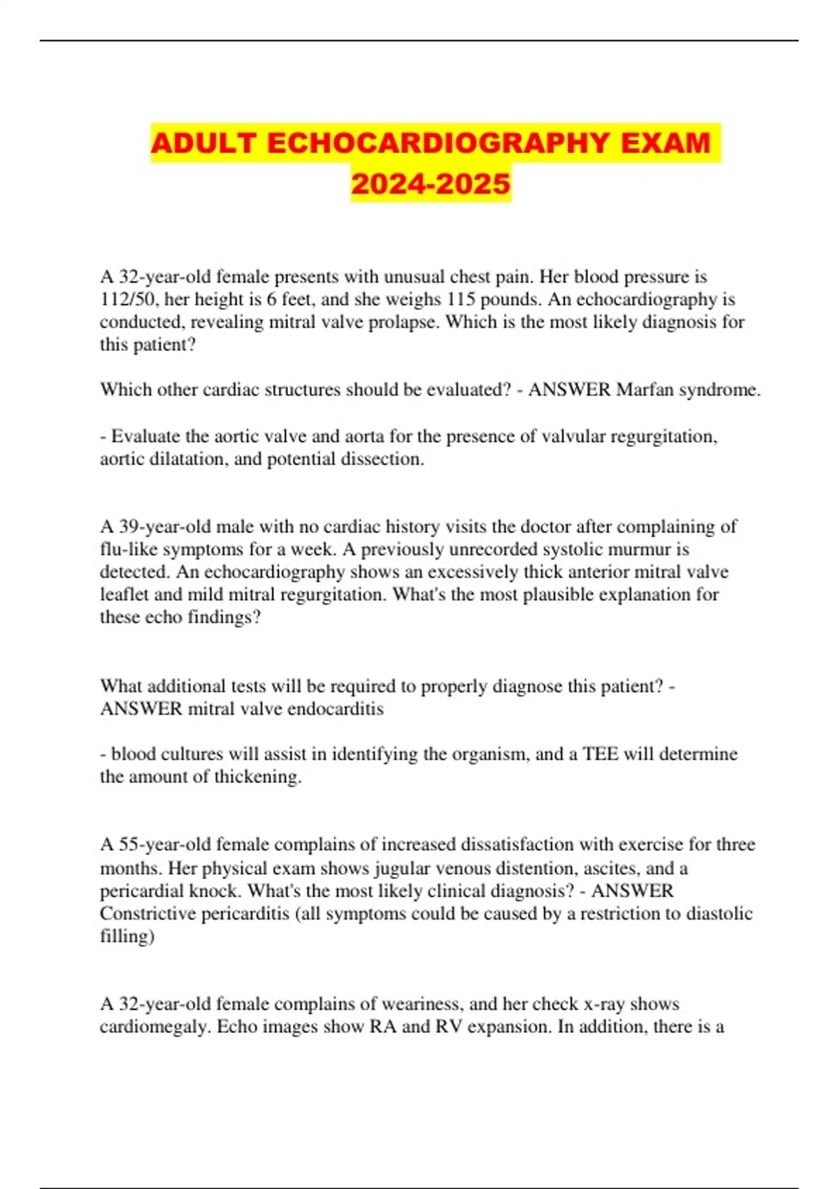 ADULT ECHOCARDIOGRAPHY EXAM - ADULT ECHOCARDIOGRAPHY - Stuvia US