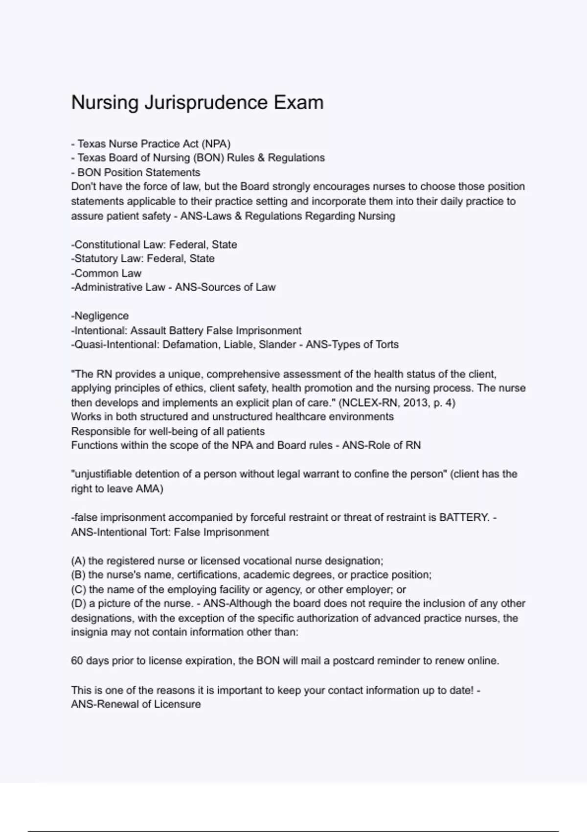 Nursing Jurisprudence Exam questions and correct answers (elaborations ...