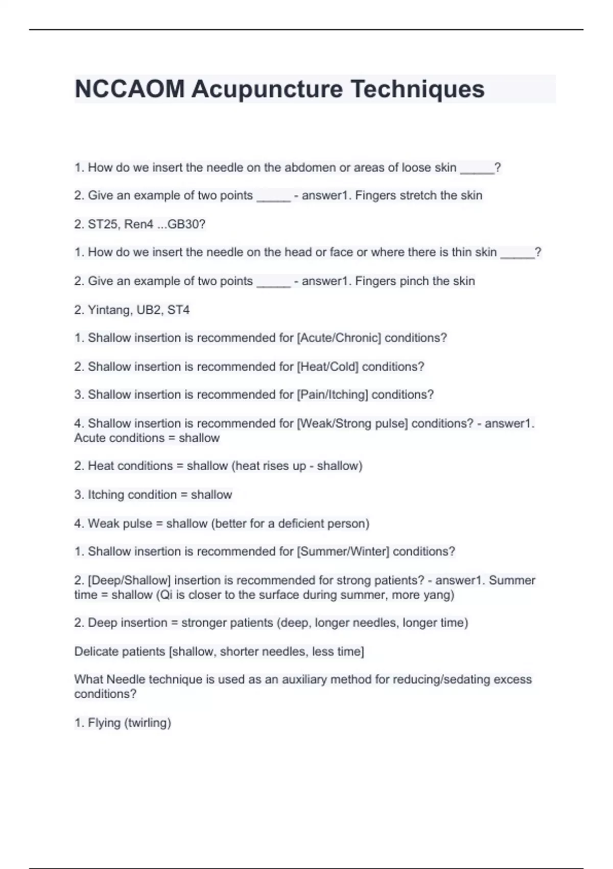 NCCAOM Acupuncture Techniques Questions with correct Answers 2024 ...