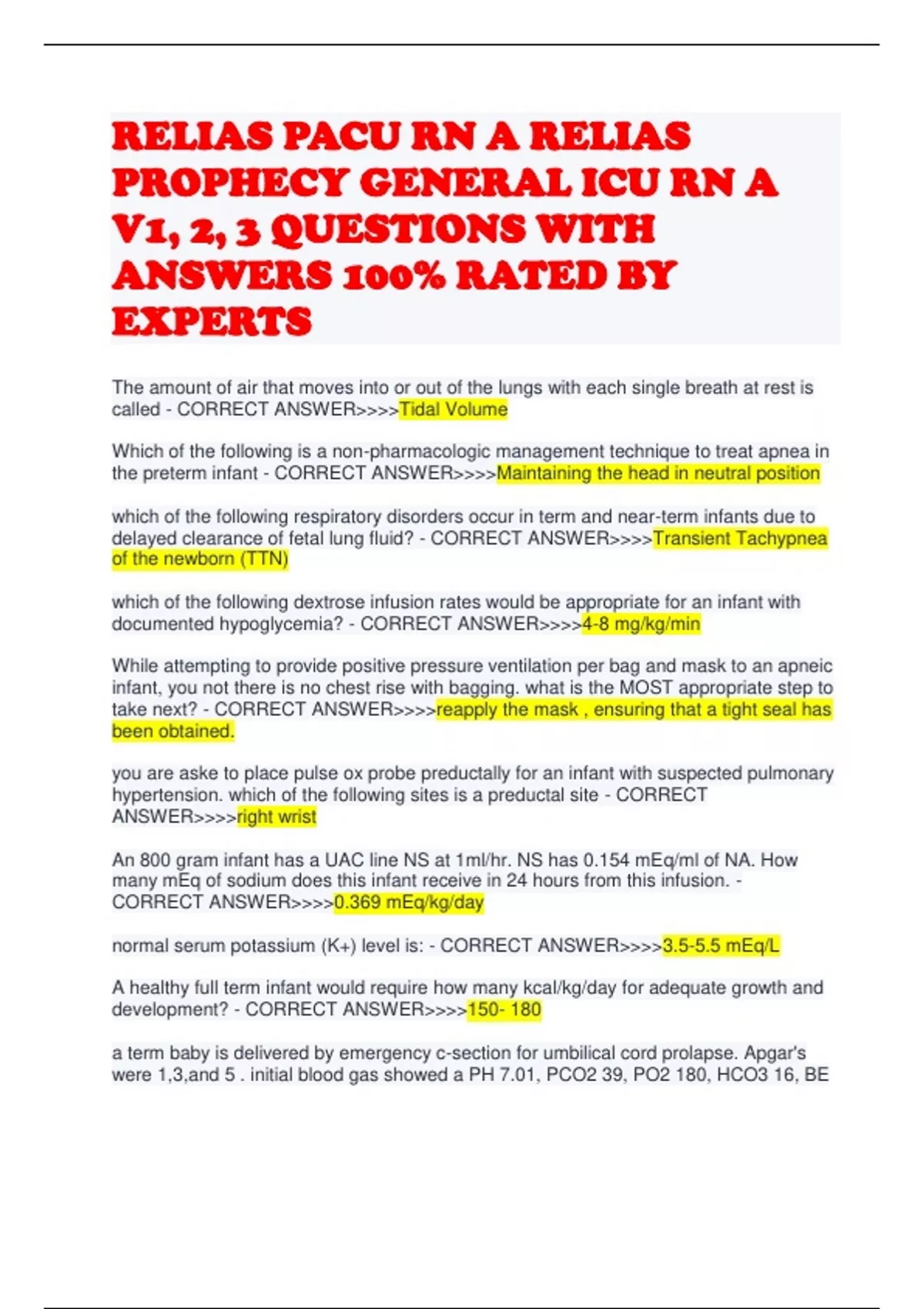 RELIAS PACU RN A RELIAS PROPHECY GENERAL ICU RN A V1, 2, 3 QUESTIONS WITH ANSWERS 100% RATED BY ...