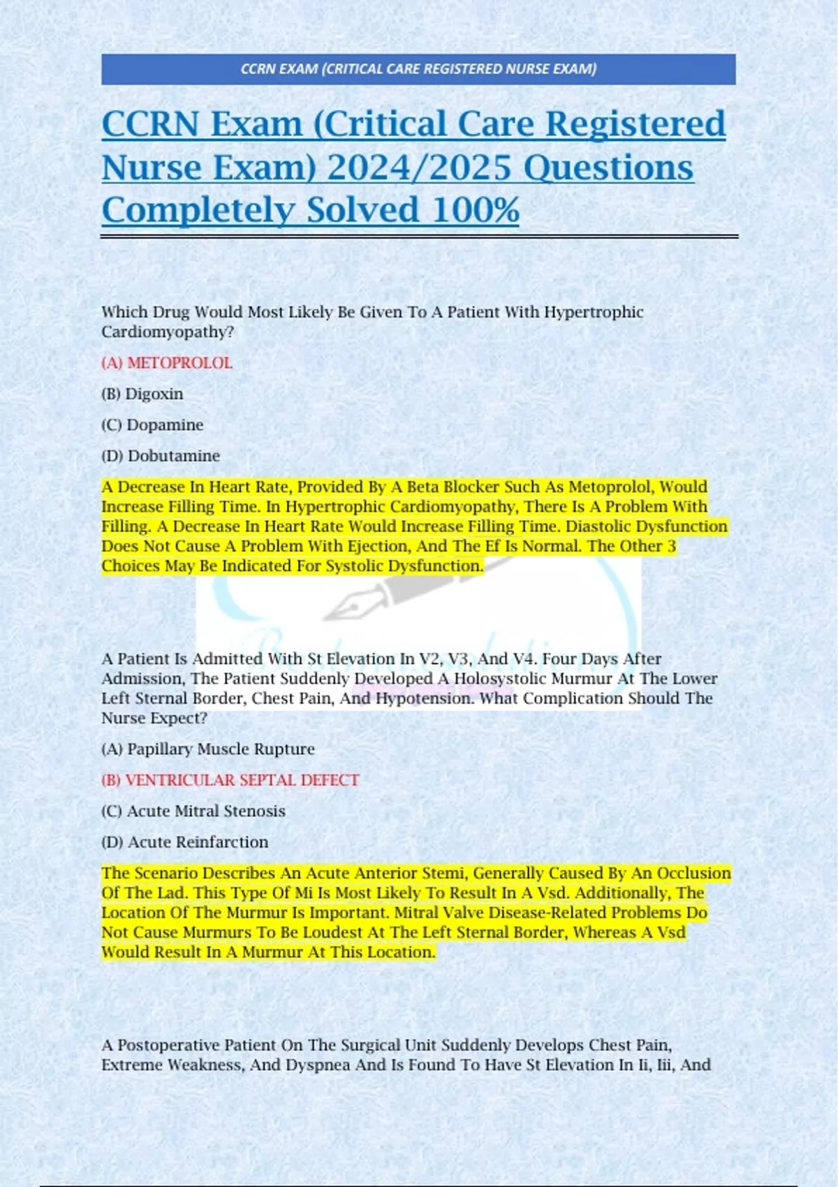 CCRN Exam (Critical Care Registered Nurse Exam) 2024/2025 Questions ...