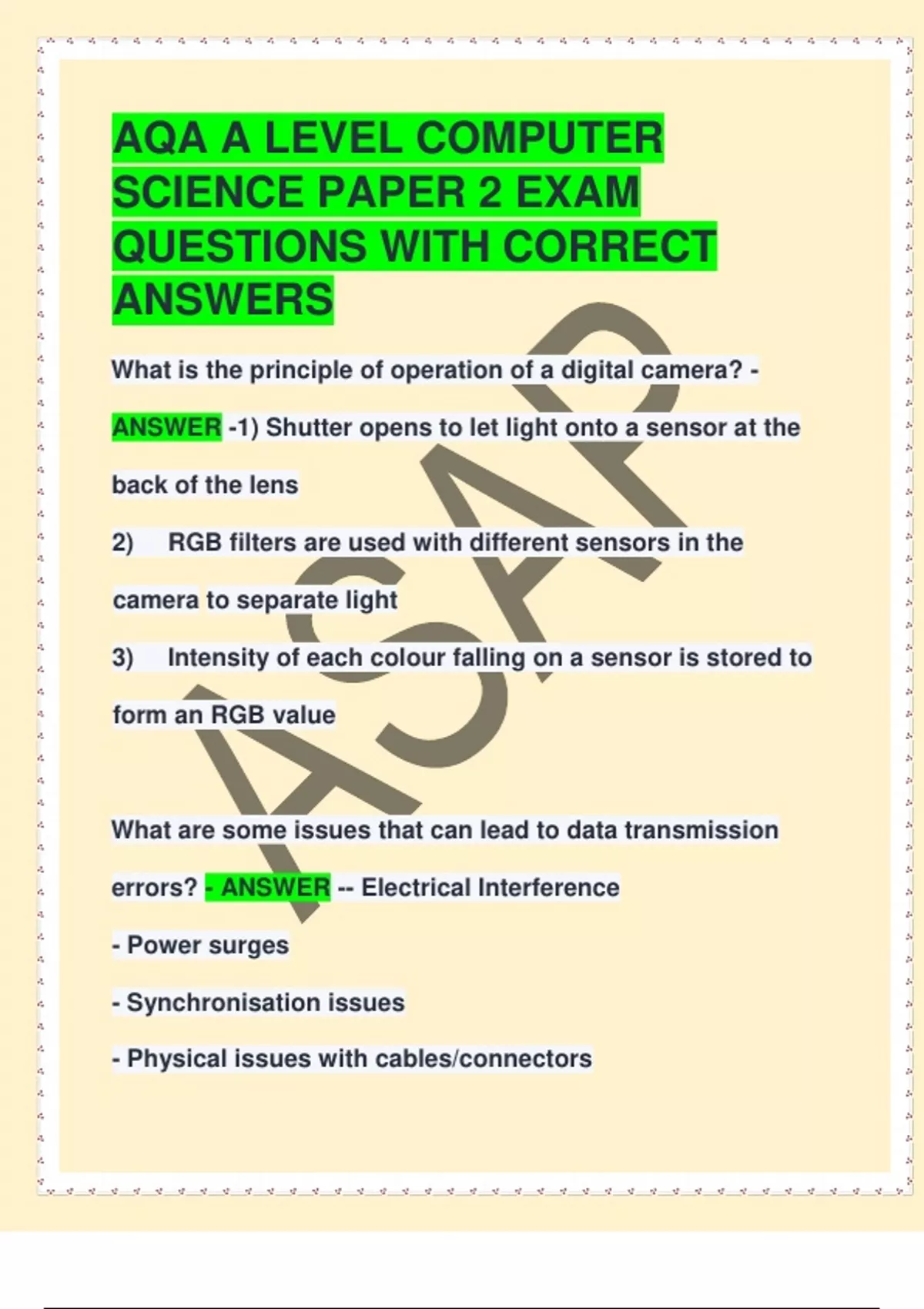 AQA A LEVEL COMPUTER SCIENCE PAPER 2 EXAM QUESTIONS WITH CORRECT ANSWERS - AQA A LEVEL COMPUTER ...
