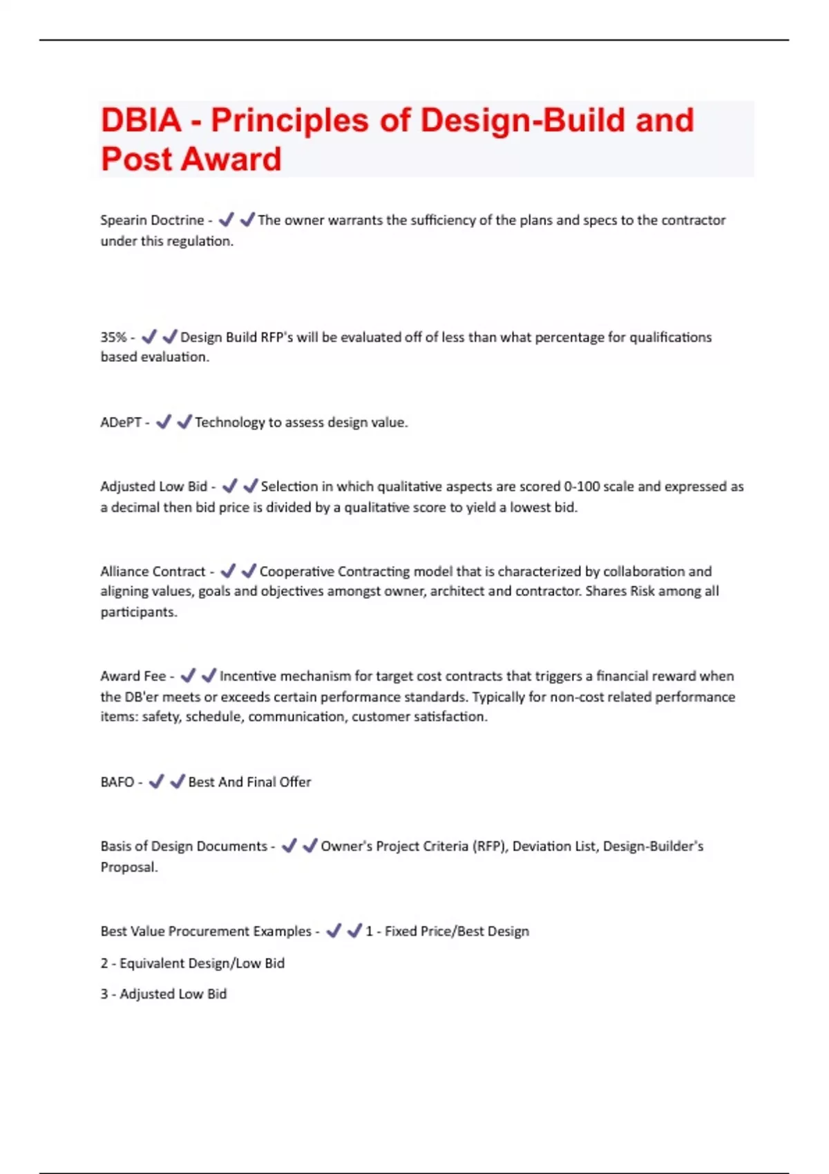 DBIA - Principles of Design-Build and Post Award Latest(2024/2025 ...