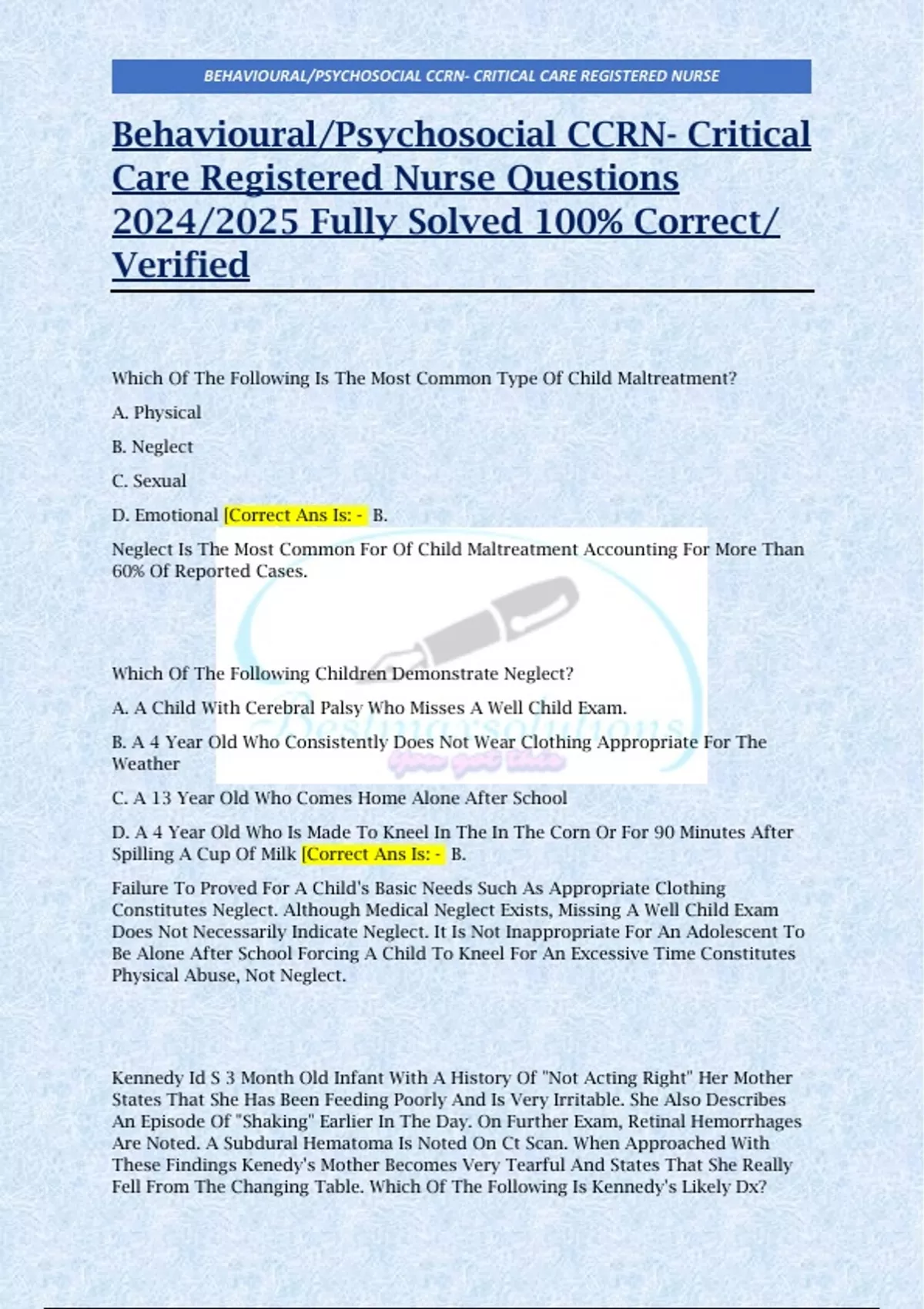 Behavioural/Psychosocial CCRN- Critical Care Registered Nurse Questions ...