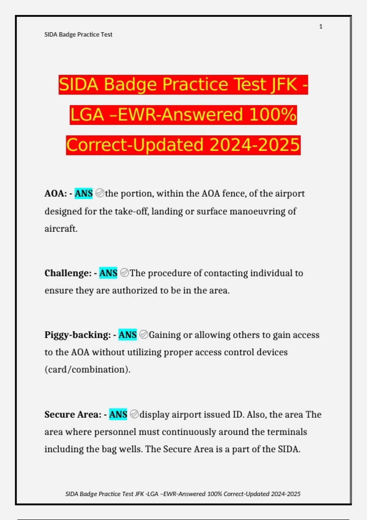 SIDA Badge Practice Test JFK -LGA –EWR-Answered 100% Correct-Updated ...
