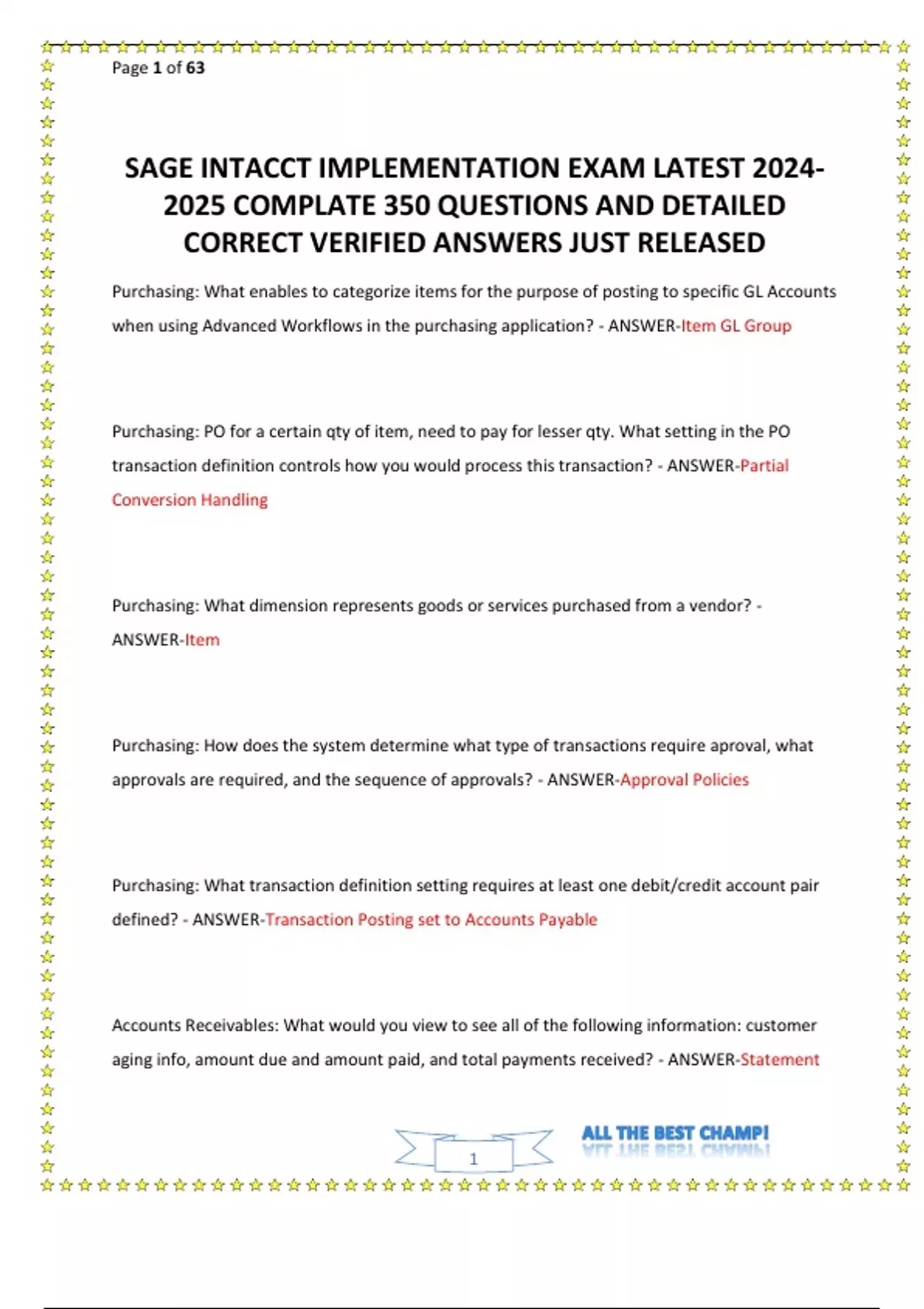 SAGE INTACCT IMPLEMENTATION EXAM LATEST COMPLATE 350 QUESTIONS AND ...