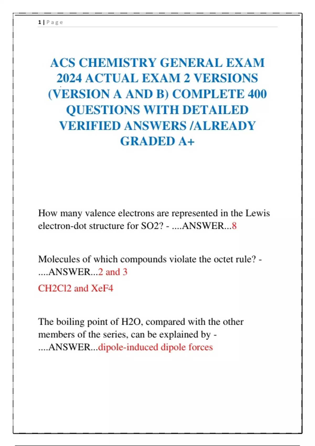 ACS CHEMISTRY GENERAL EXAM 2024 ACTUAL EXAM 2 VERSIONS (VERSION A AND B ...