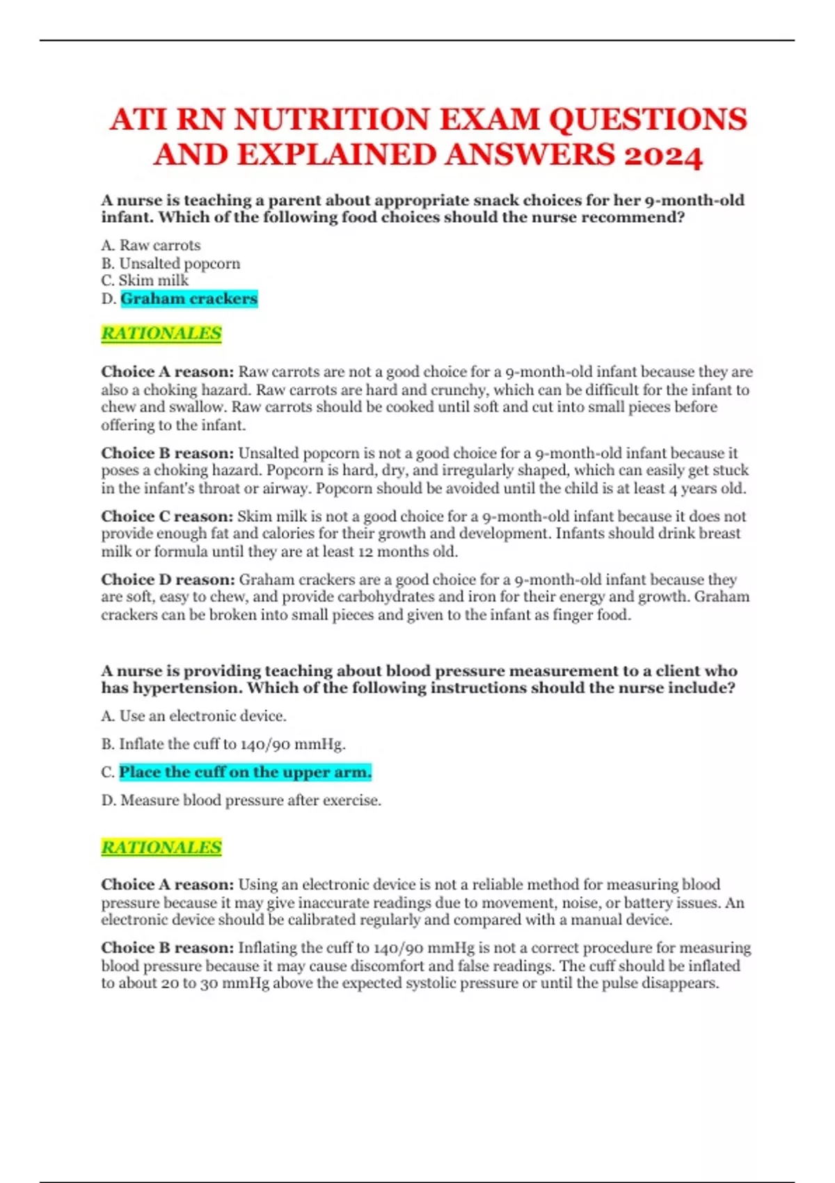 ATI RN NUTRITION EXAM QUESTIONS AND EXPLAINED ANSWERS 2024 - ATI RN ...