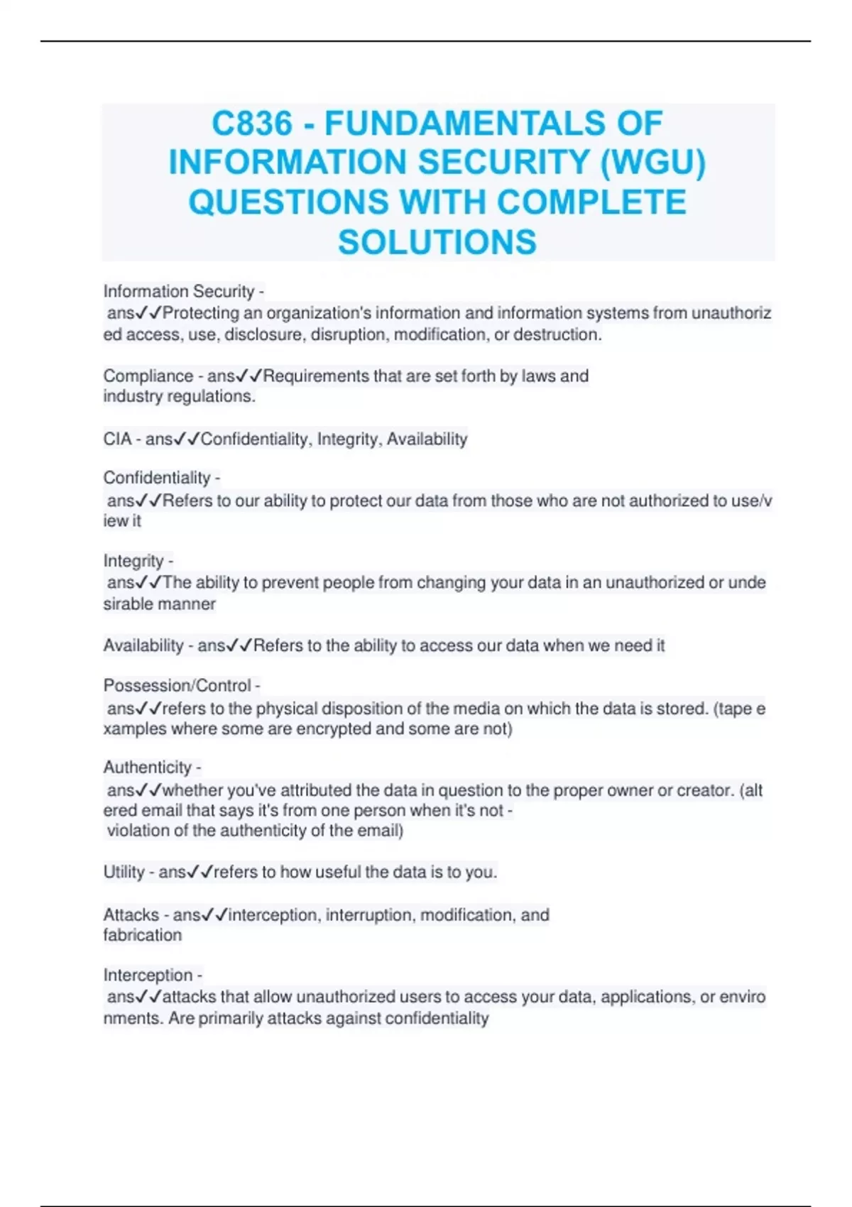 C836 Fundamentals Of Information Security Wgu Questions With