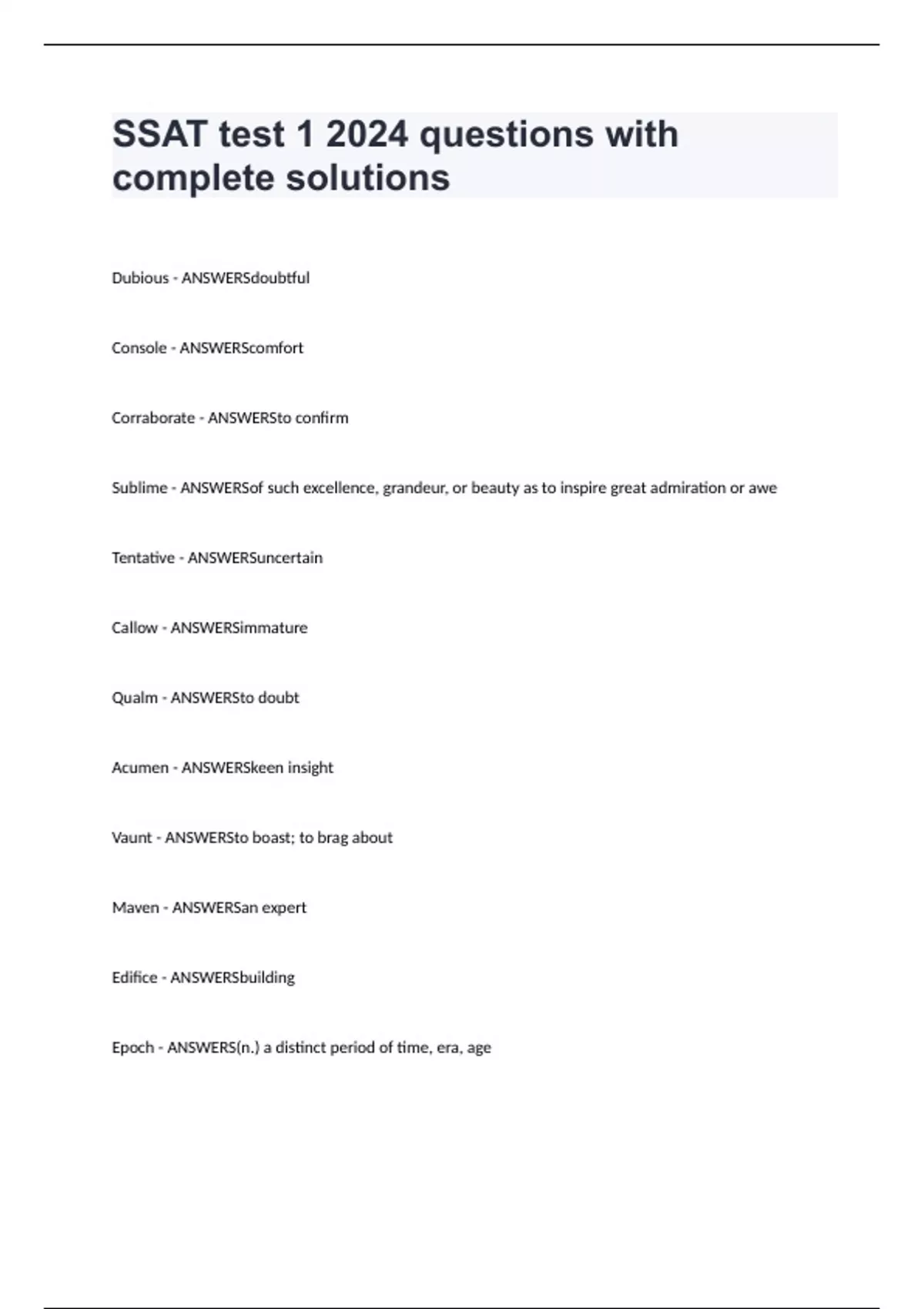 SSAT test 1 2024 questions with complete solutions - SSAT - Stuvia US