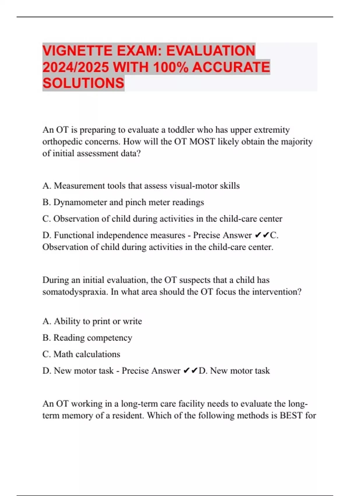 VIGNETTE EXAM: EVALUATION 2024/2025 WITH 100% ACCURATE SOLUTIONS ...