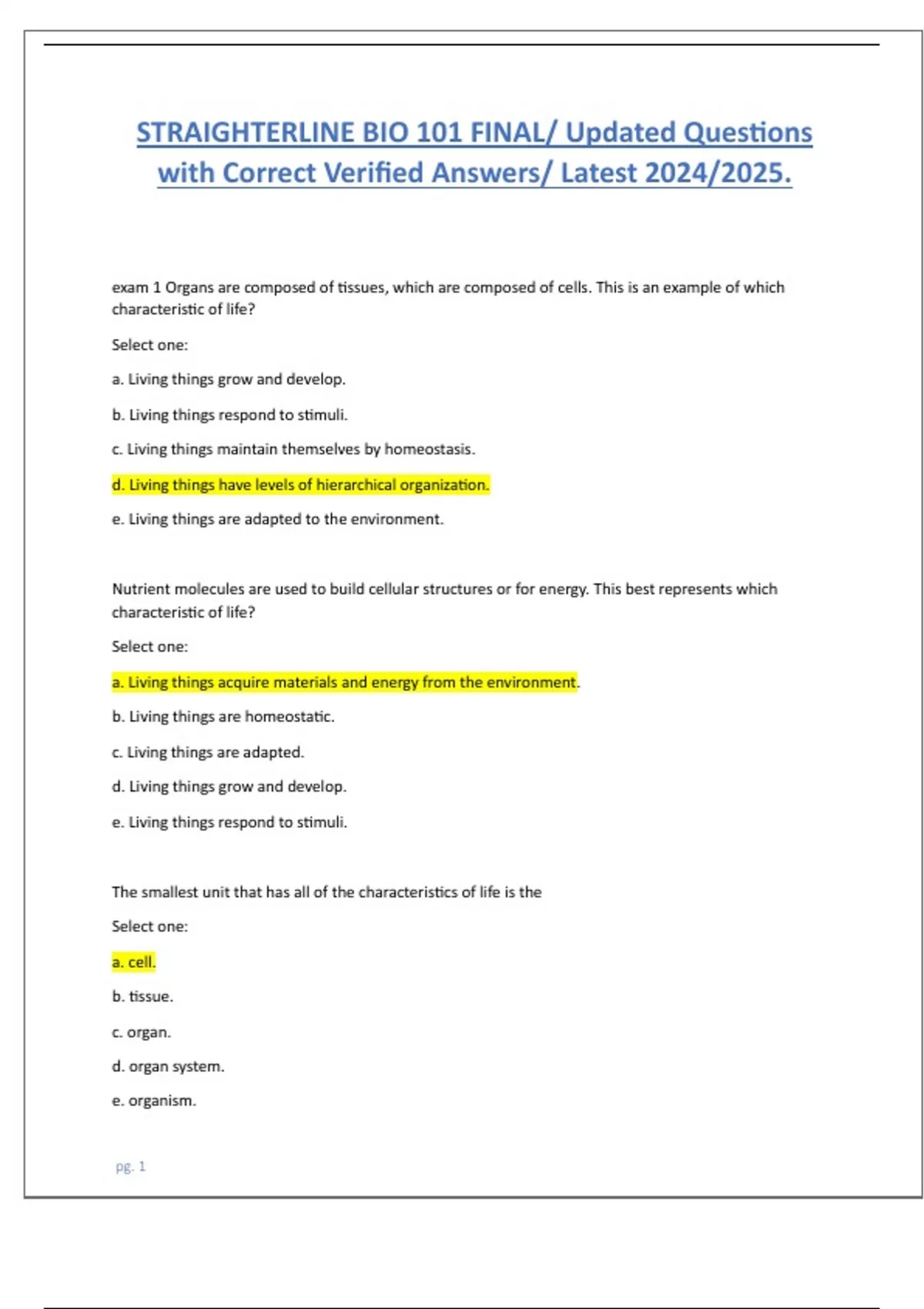 STRAIGHTERLINE BIO 101 FINAL/ Updated Questions with Correct Verified ...