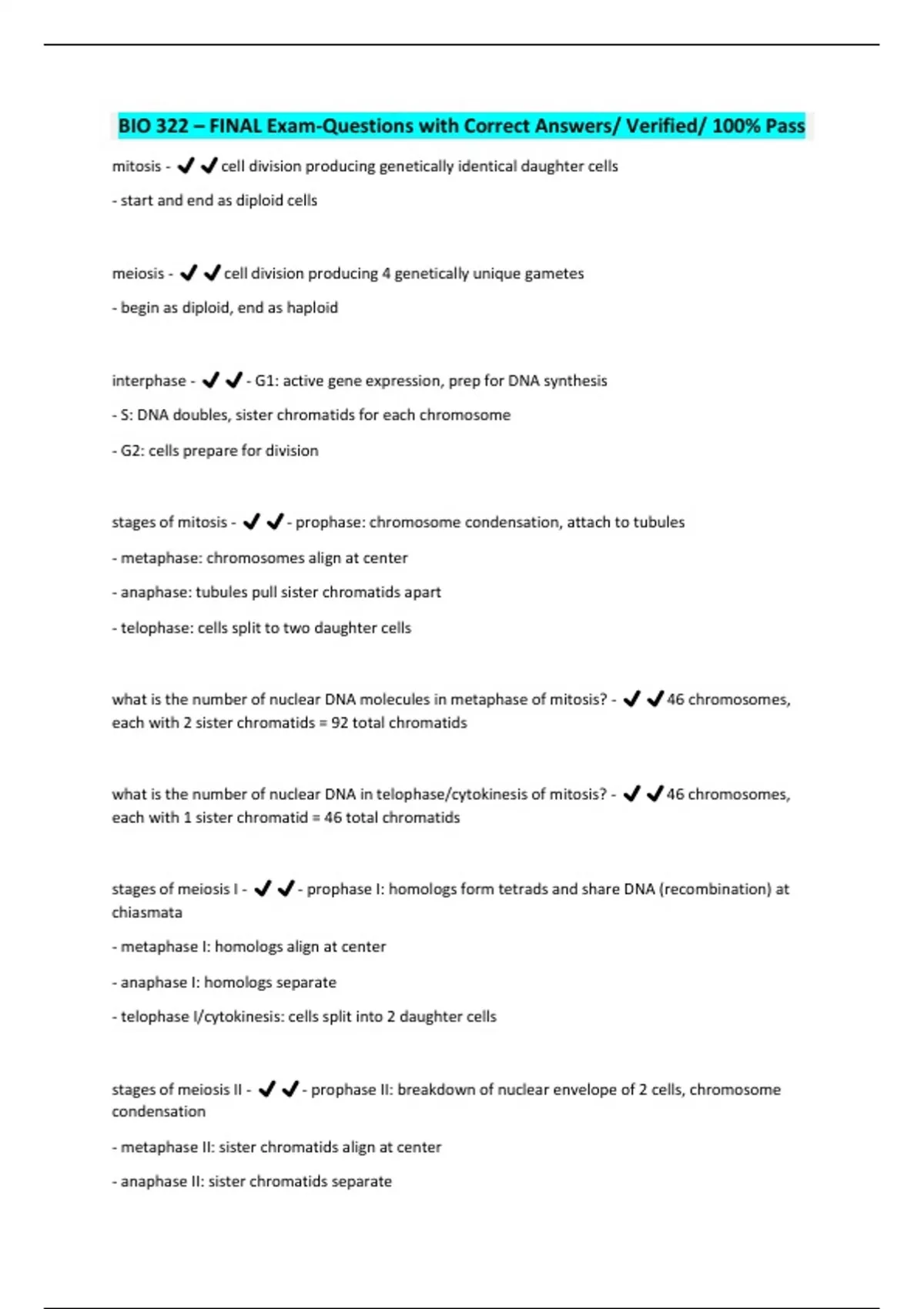 BIO 322 – FINAL Exam-Questions with Correct Answers/ Verified/ 100% ...