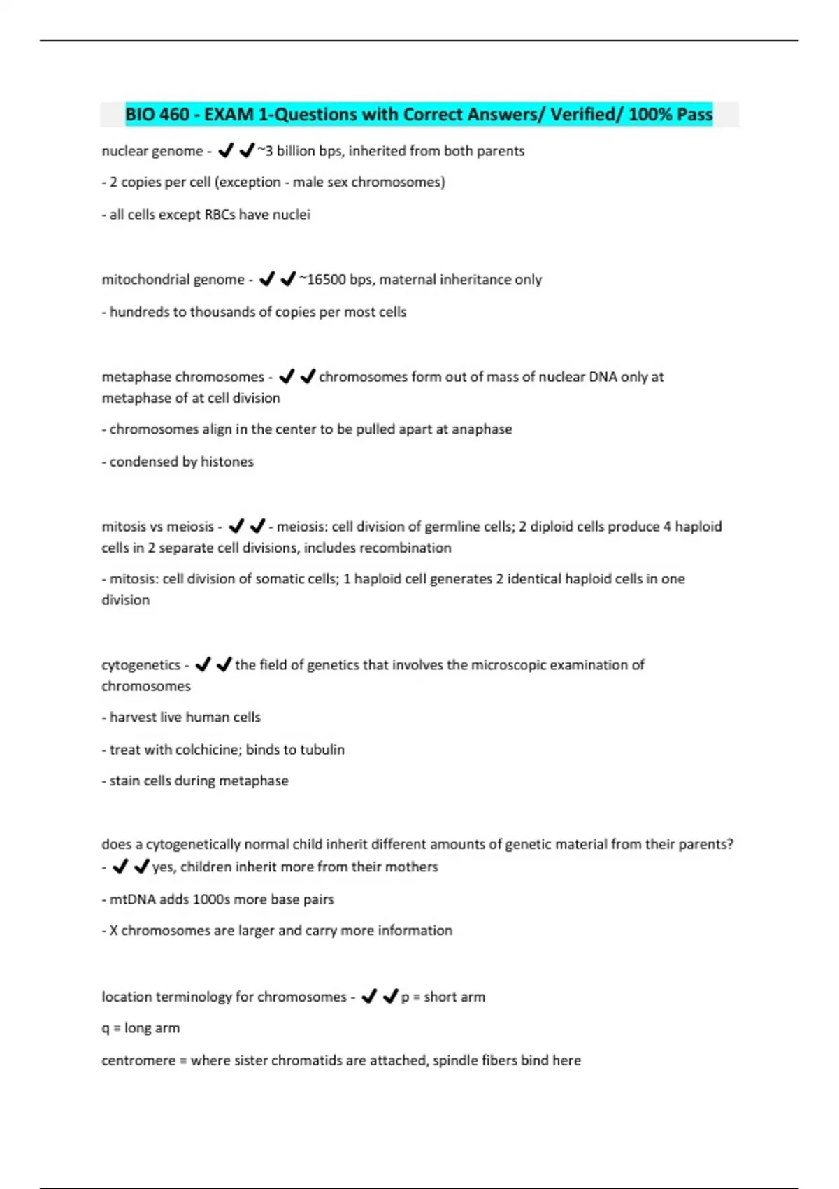 BIO 460 - EXAM 1-Questions with Correct Answers/ Verified/ 100% Pass - BIO 460 - Stuvia US