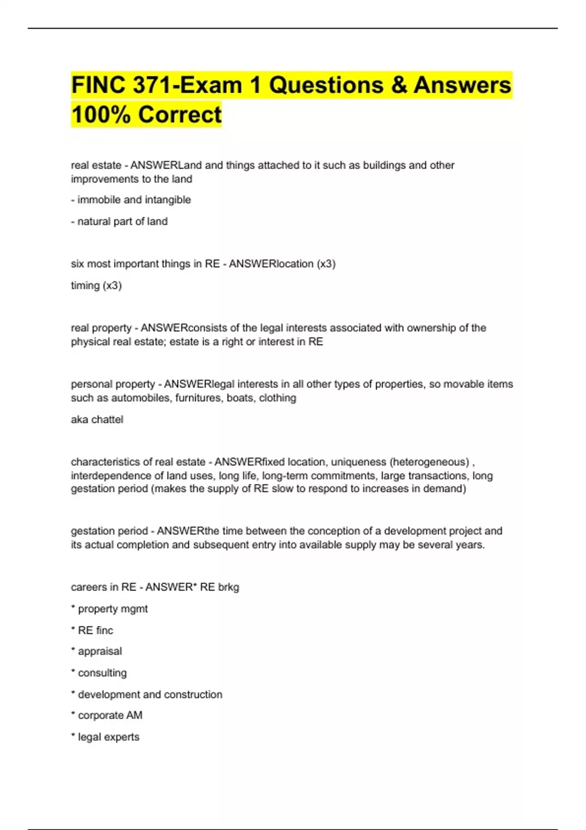 FINC 371-Exam 1 Questions & Answers 100% Correct - FINC 371 - Stuvia US