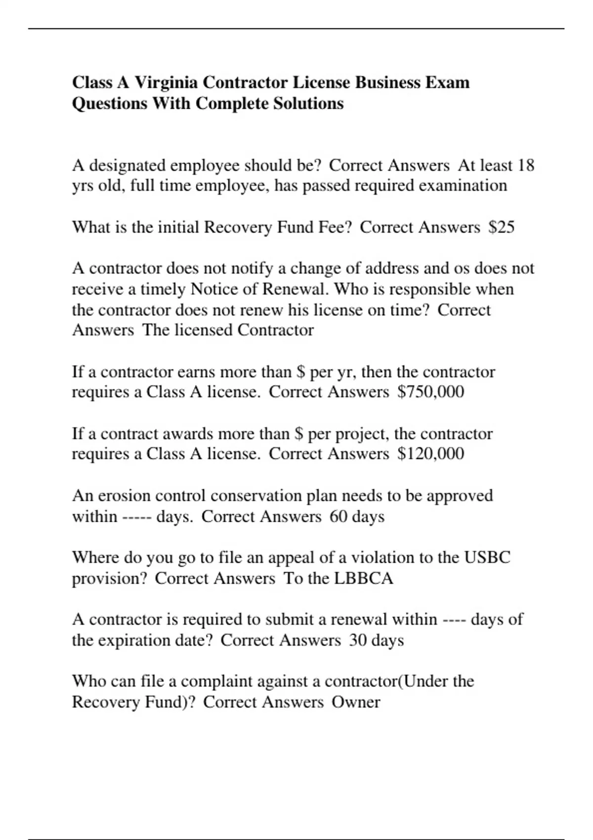 Class A Virginia Contractor License Business Exam Questions With ...
