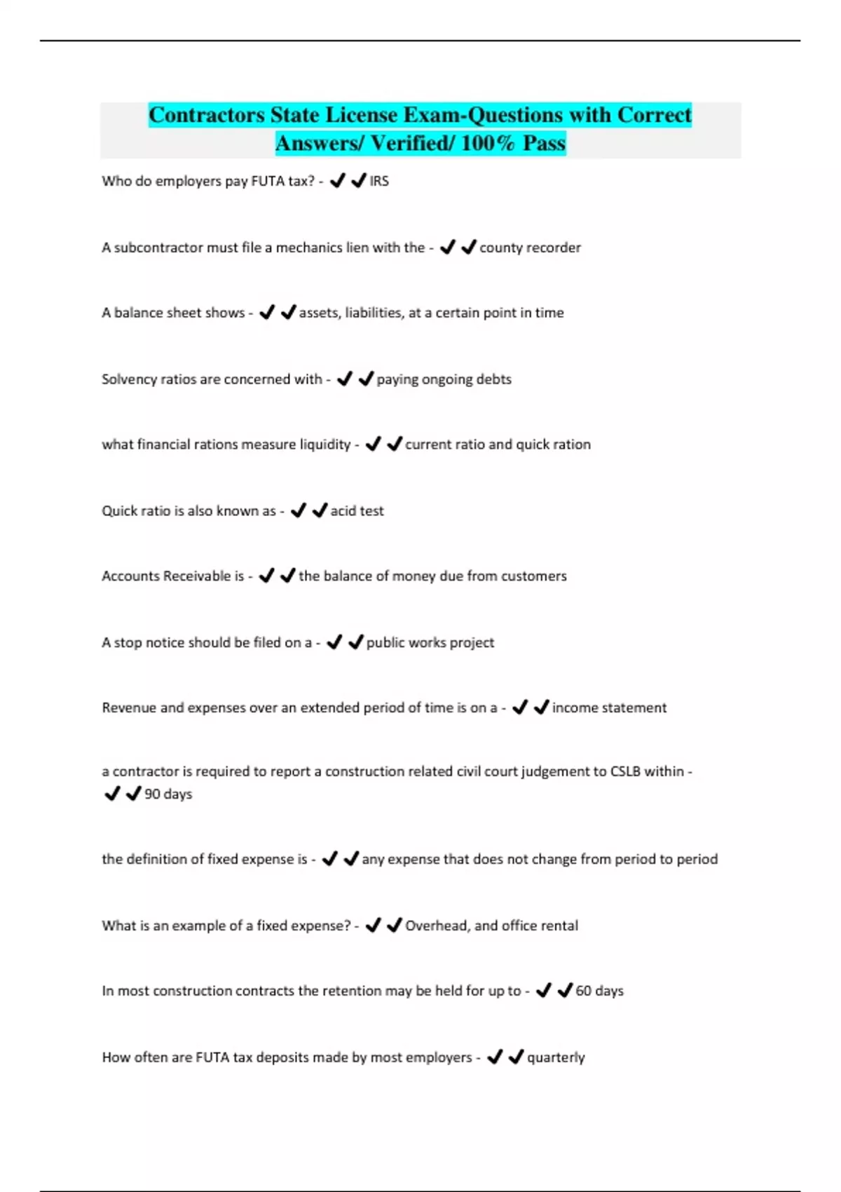 Contractors State License Exam-Questions with Correct Answers/ Verified ...